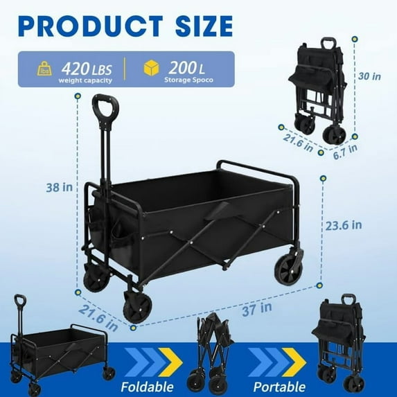420 lb Heavy Duty Collapsible Wagon, Foldable Utility Wagon Cart with ...