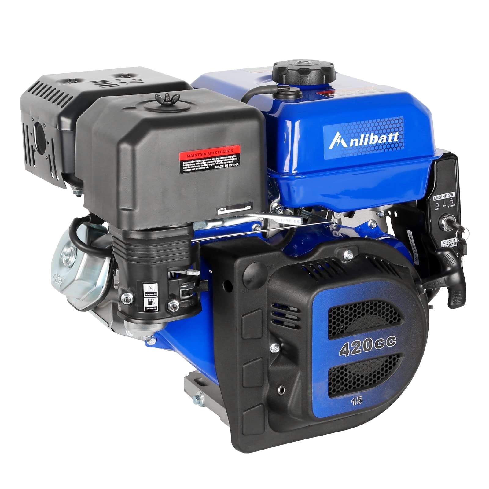 ANLIBATT, Gas Engine, 420cc 15HP with Electric Start, Horizontal Shaft ...