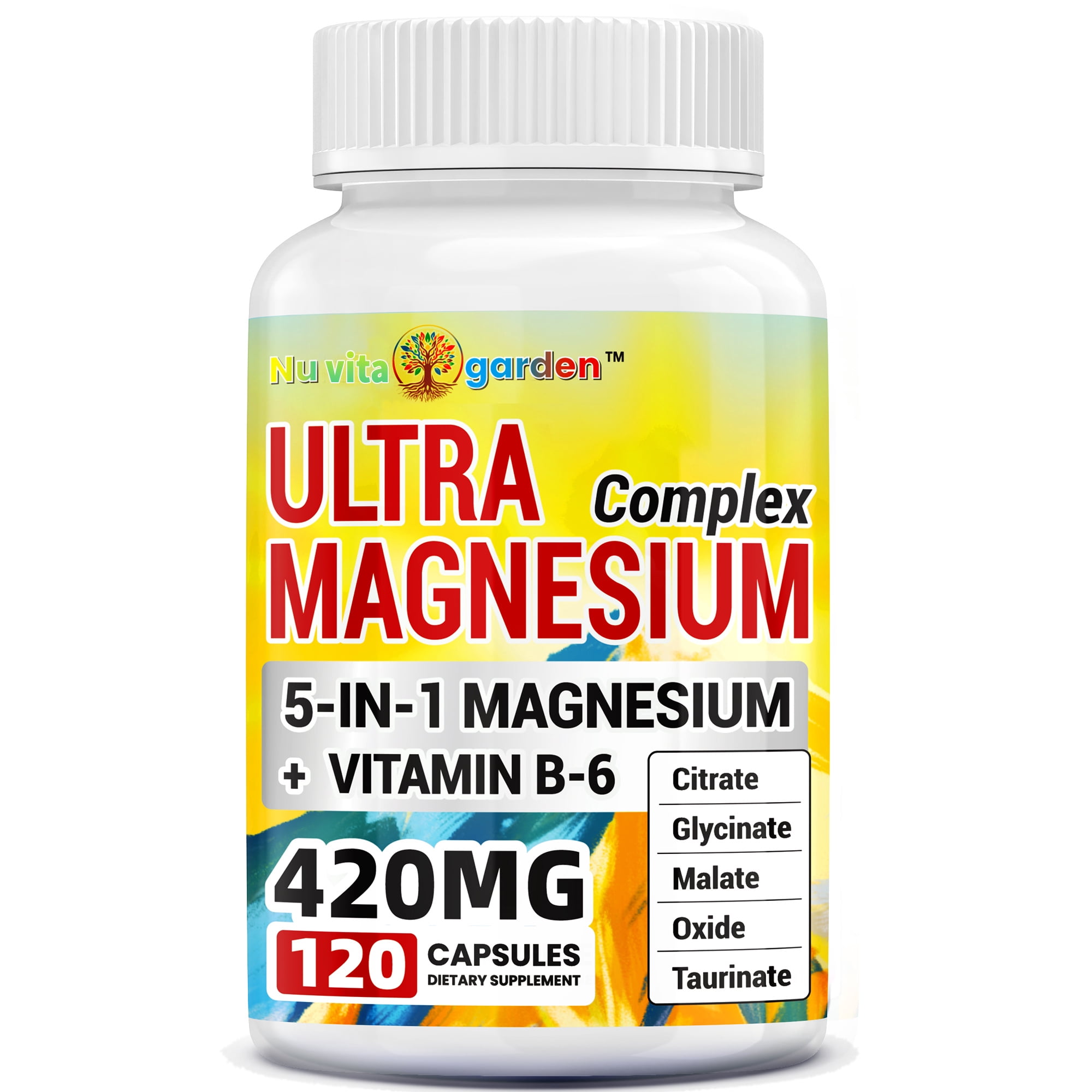 5-in-1 Magnesium + Vitamin B6 Supplement 420mg, Supports Bone and ...