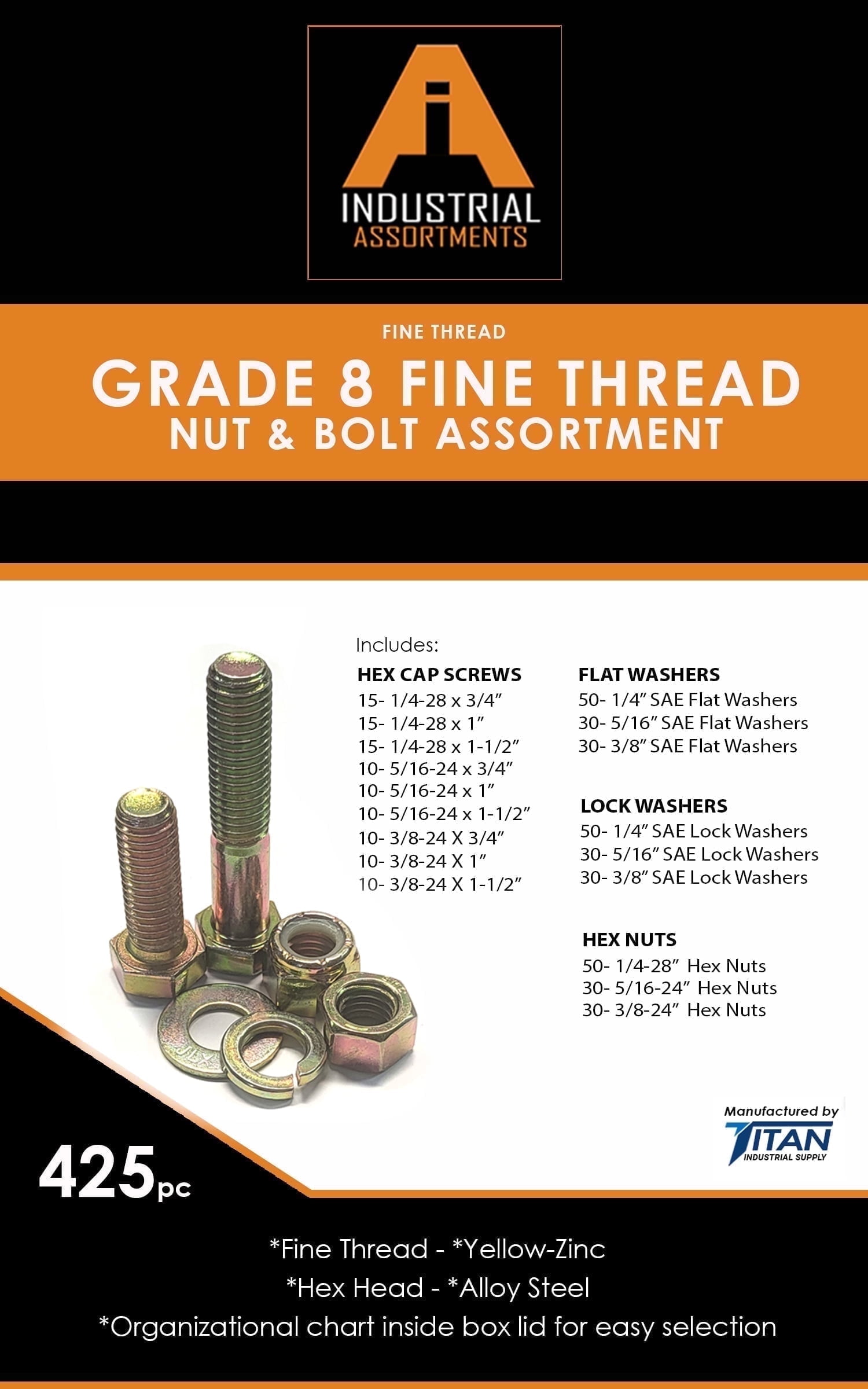 425-Piece Grade 8 Fine Thread Nut & Bolt Set, 1/4", 5/16", 3/8"-Yellow ...