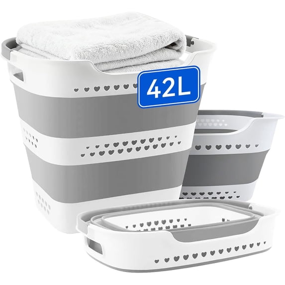 42L Medium Collapsible Plastic Laundry Basket with Handles, Foldable ...