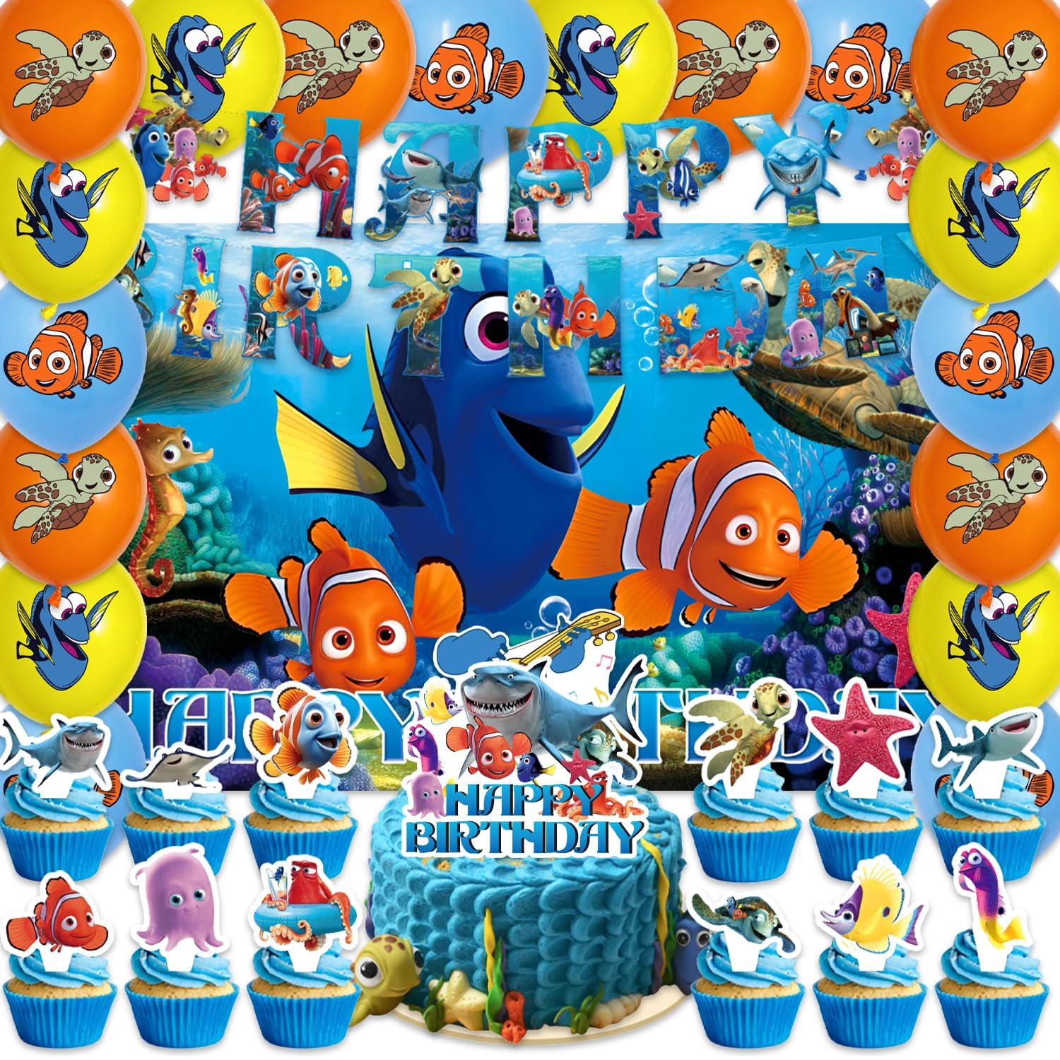 42Pack Finding Nemo Party Supplies Pack Includes，Banner，Cake Topper ...