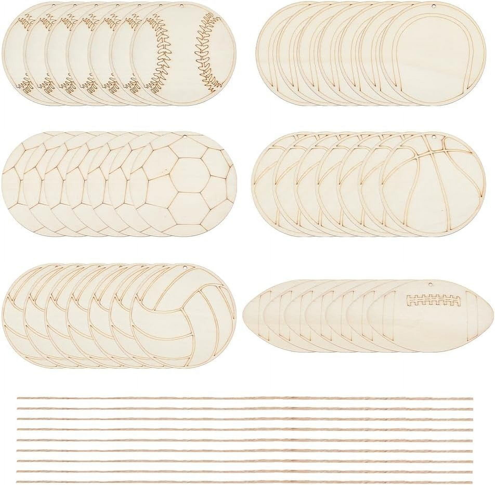 42Pcs 6 Styles Sports Theme Wooden Cutouts 2mm Thick Football BaseBall ...