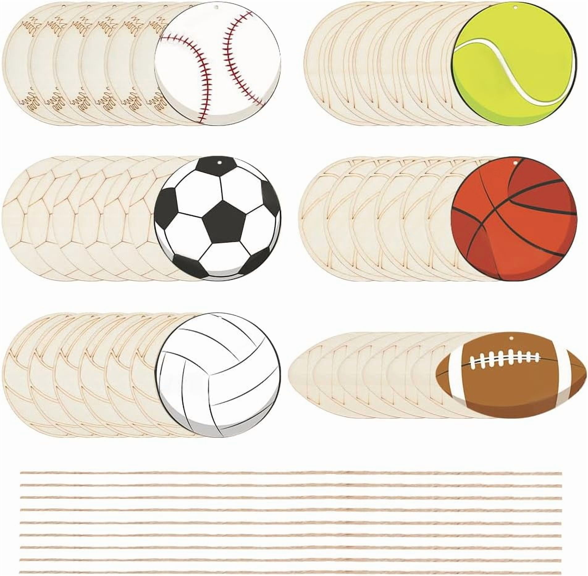 42Pcs 6 Styles Sports Theme Wooden Cutouts 2mm Thick Football BaseBall ...
