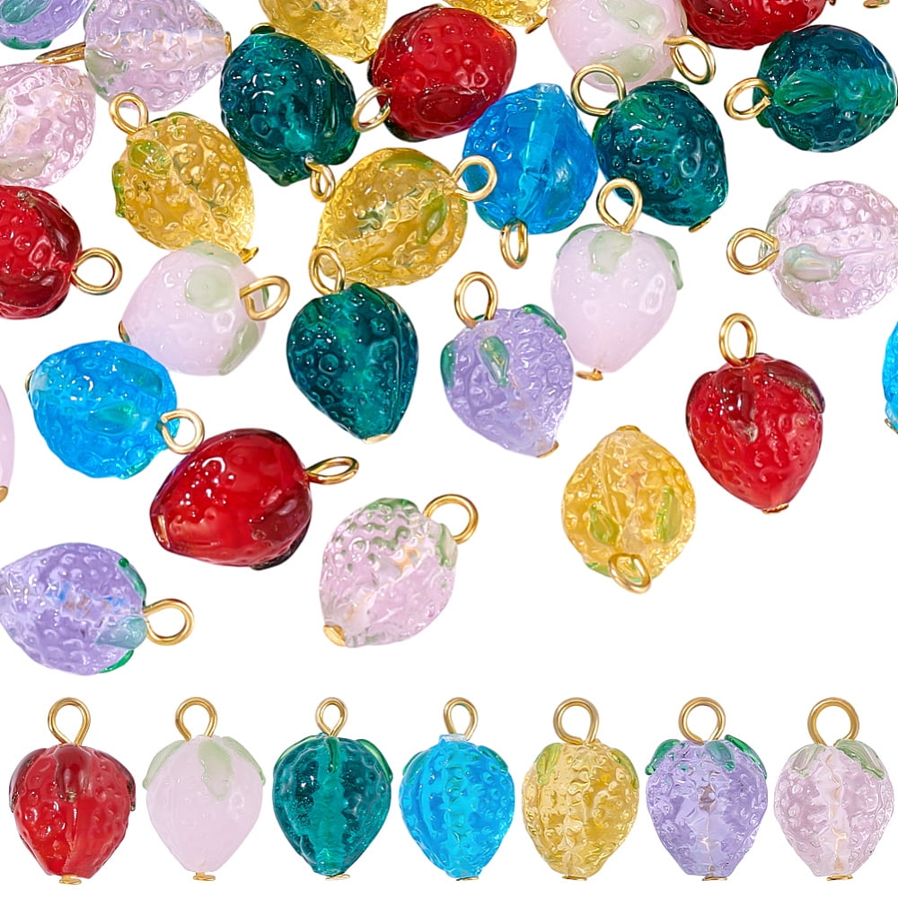 42Pcs 7 Styles Glass Pendants with Golden Iron Findings Strawberry ...