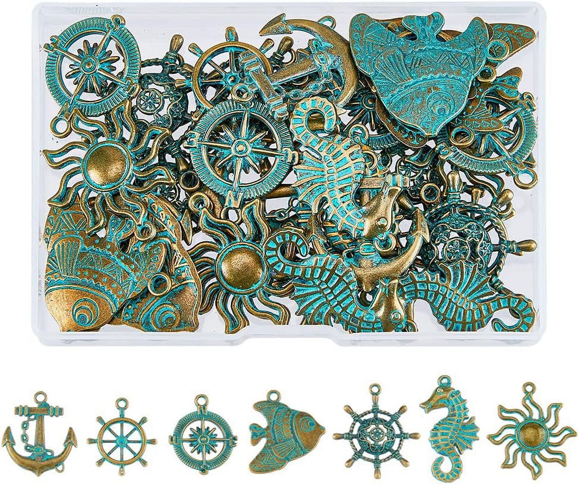 42Pcs 7 Styles Ocean Theme Alloy Pendants Green Patina Seahorse Compass ...