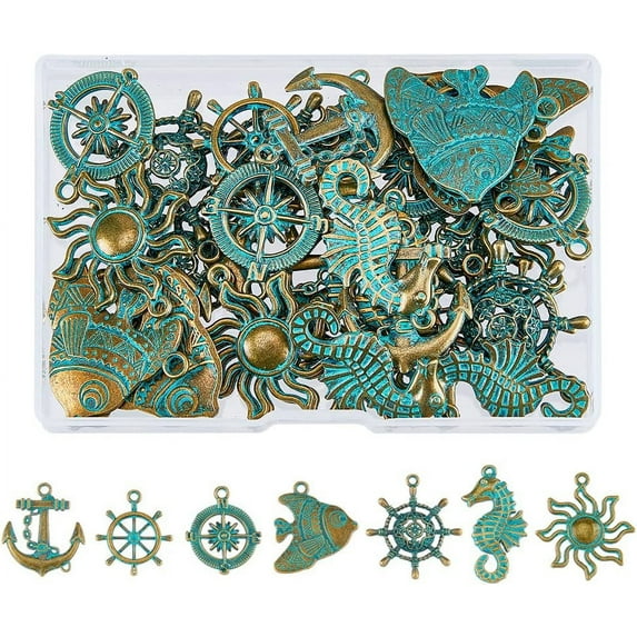 42Pcs 7 Styles Ocean Theme Alloy Pendants Green Patina Seahorse Compass ...