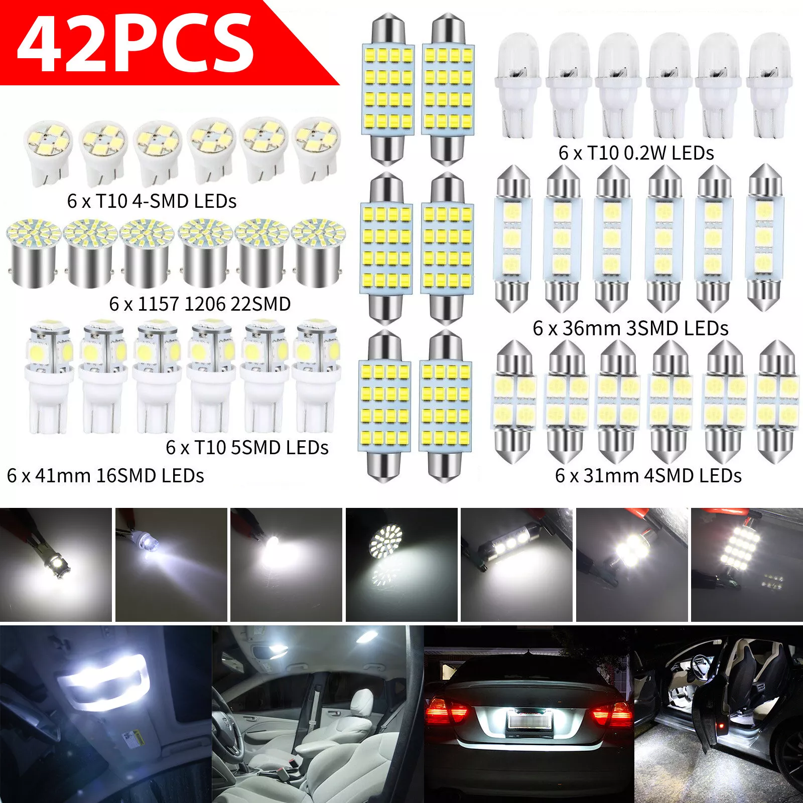 42Pcs Car Interior Combo LED Dome Map Door Trunk License Plate Light ...