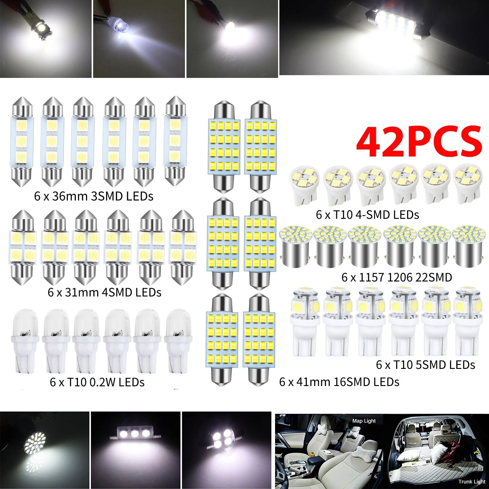 42Pcs Car Interior Combo Led Map Dome Door Trunk License Plate Light ...
