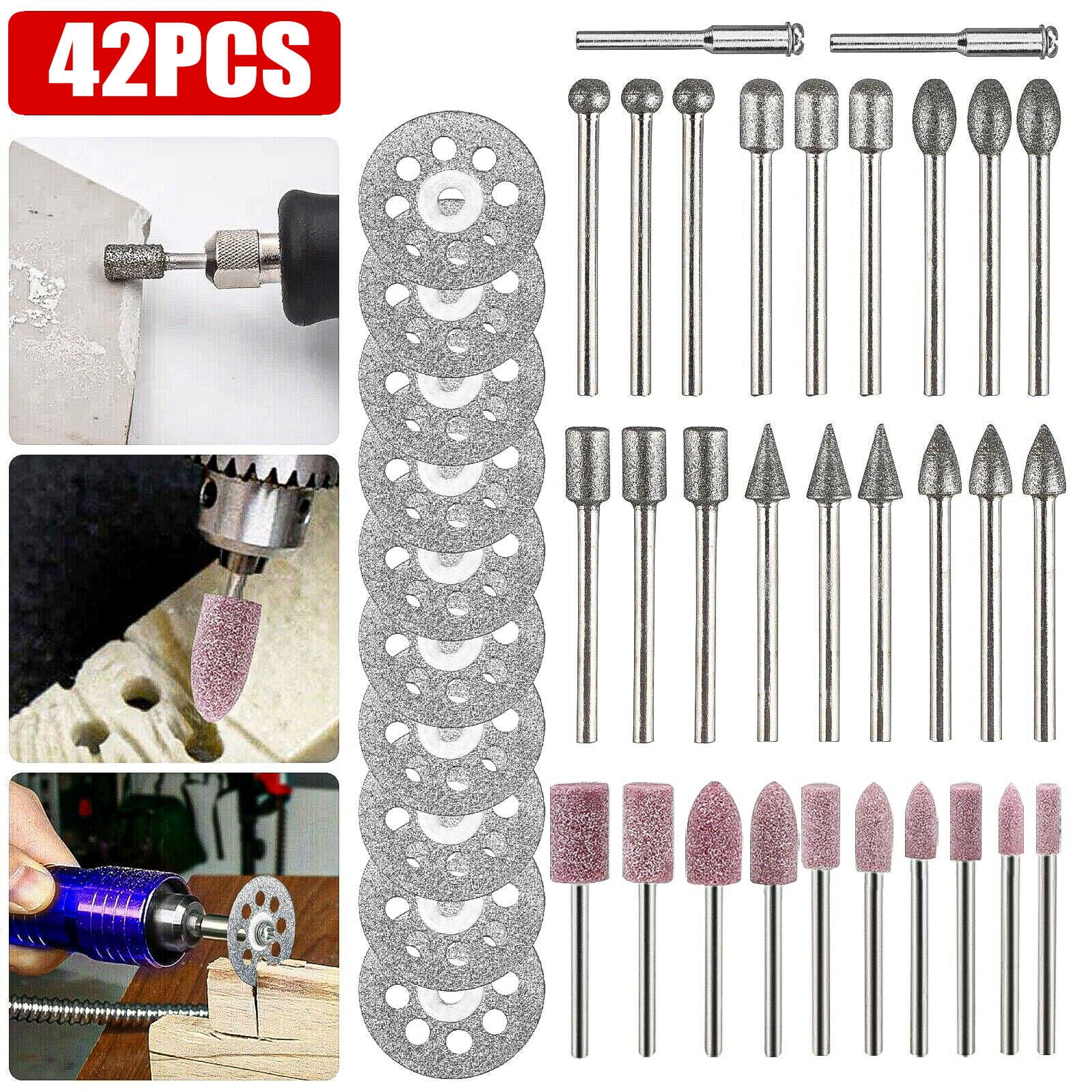 42Pcs Diamond Tile Glass Grinding Cutting Carving Bit Set For Dremel ...