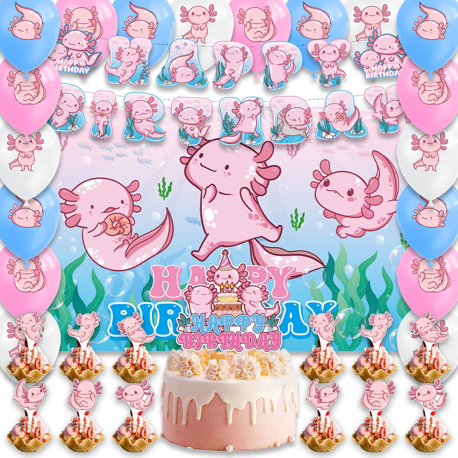 42Pcs Pink Cartoon FEV6 Axolotl Birthday Party Decorations - Pink ...
