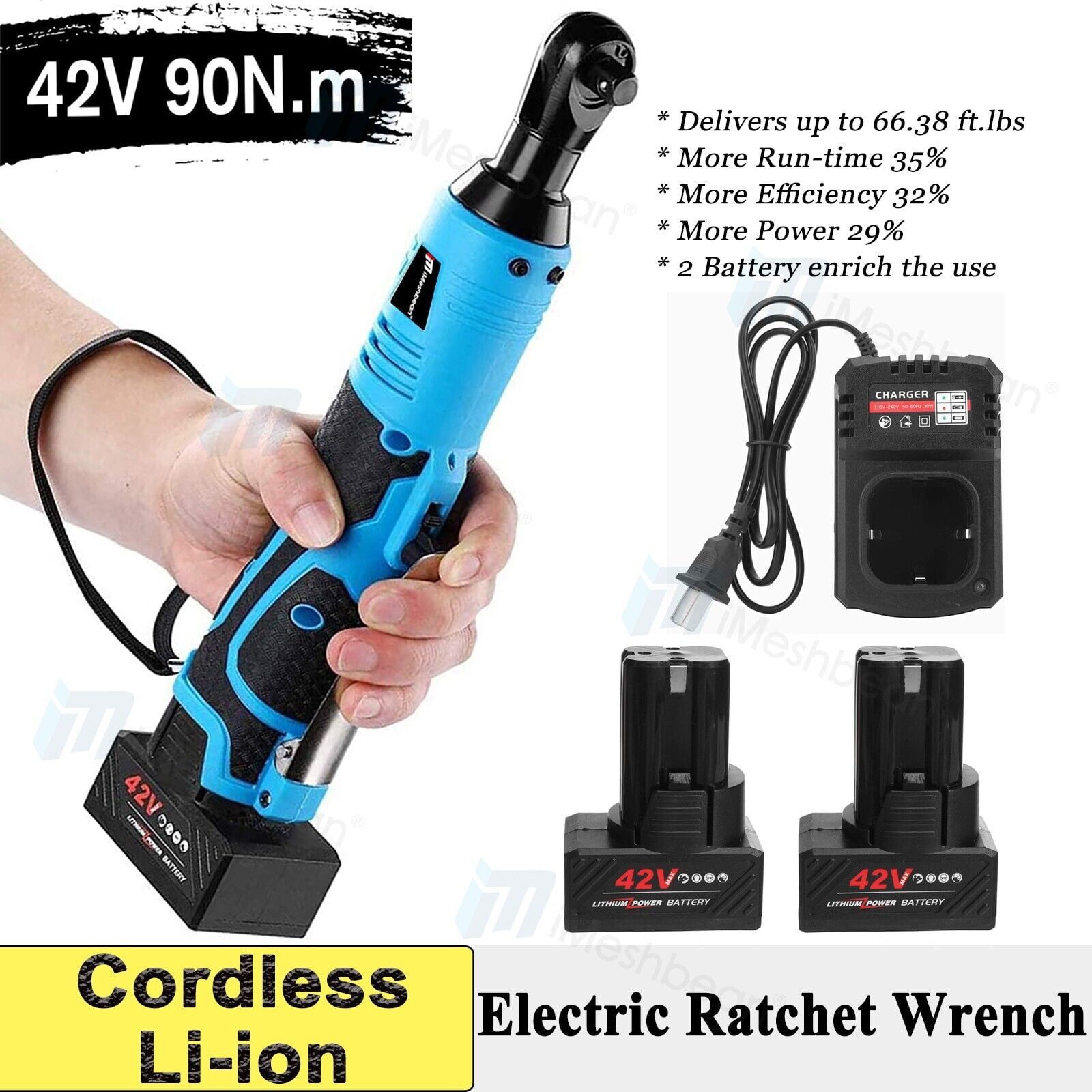 42V Electric Cordless Ratchet 3/8"Right Angle Wrench Impact Power Tool ...