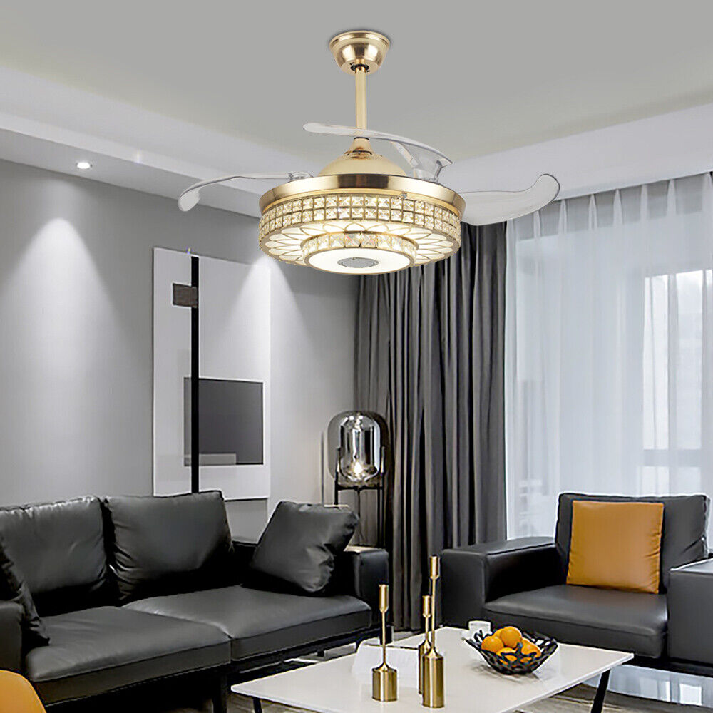 42in Dimming Crystal Chandelier LED Ceiling Fan Light 3-Speed Pendant ...