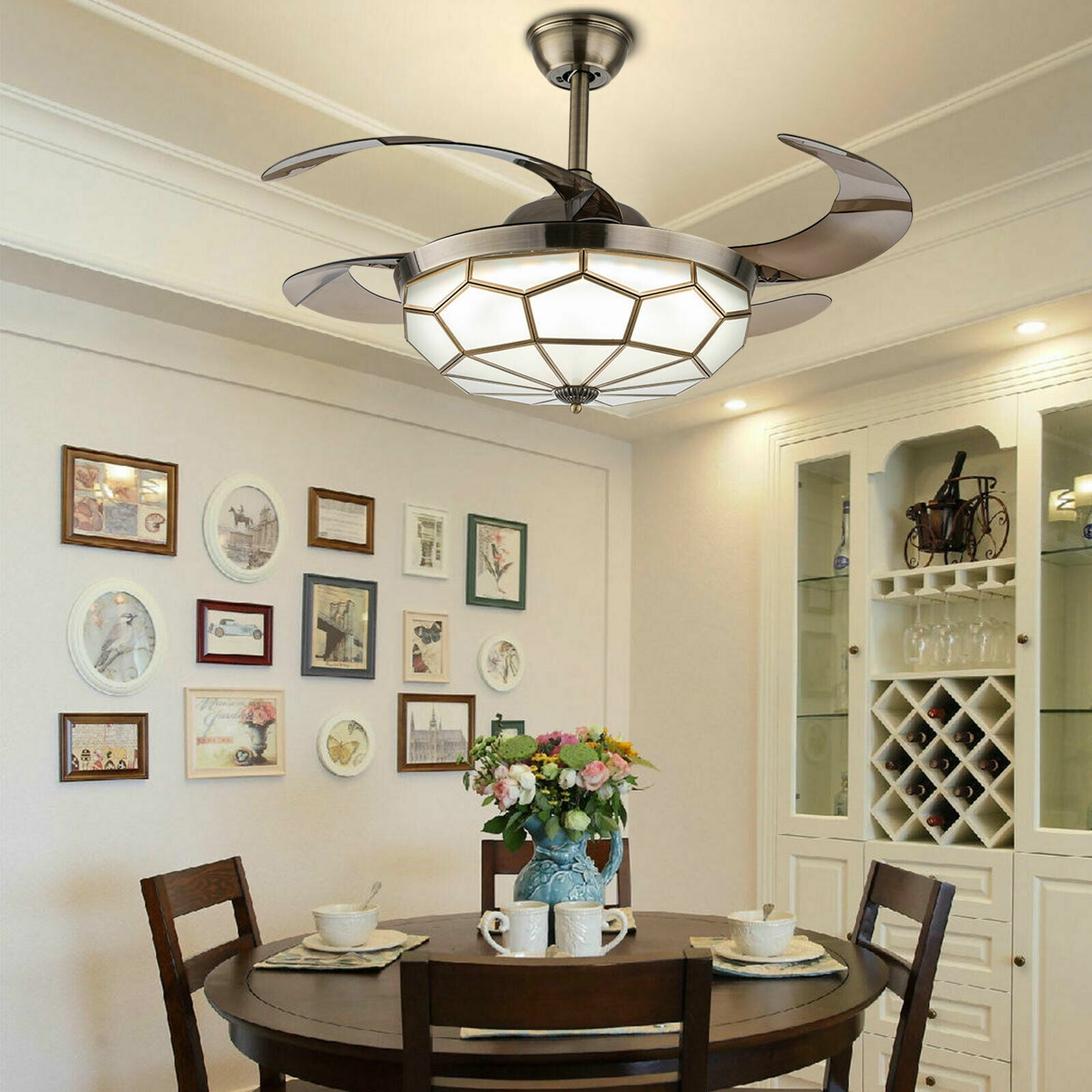 42in Tiffany Ceiling Fan with Light, Retractable Blades, LED Chandelier ...