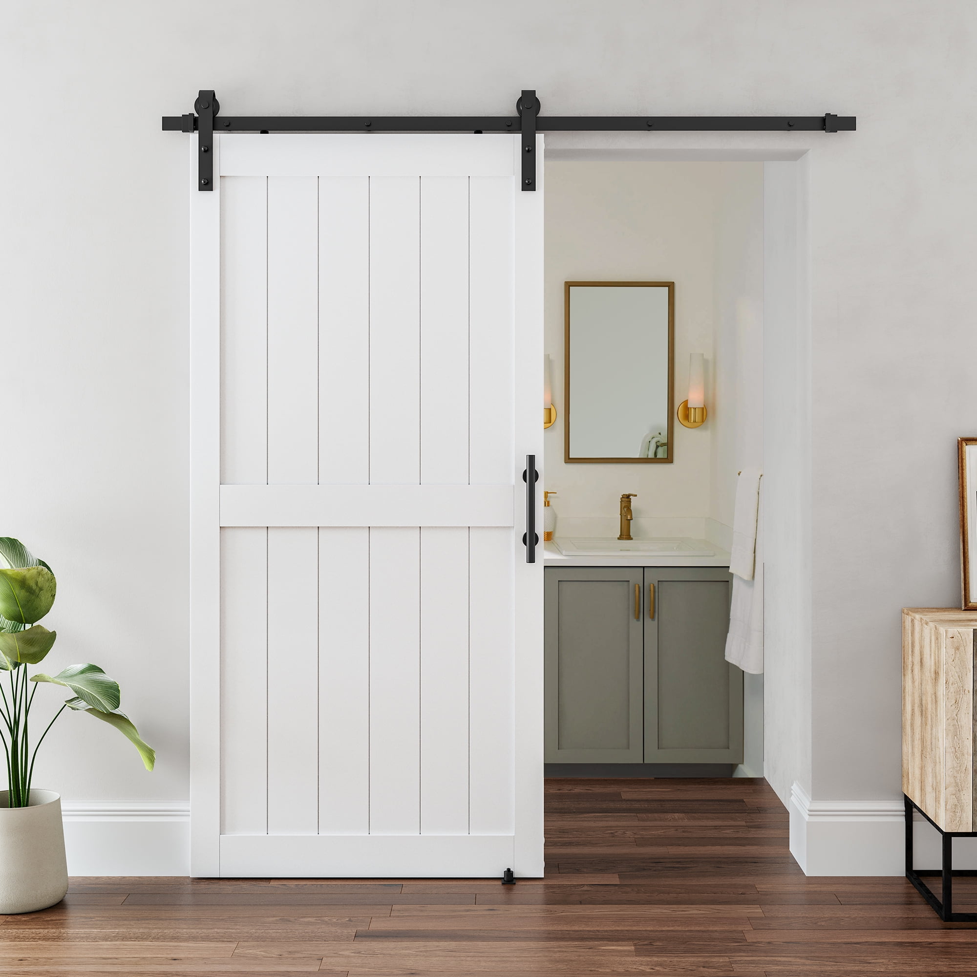 42in. W x 80in. H White Sliding MDF Barn Door with Black Sliding Door ...