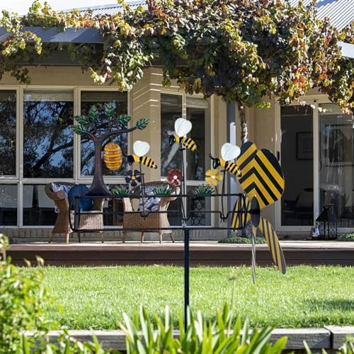 42inch Metal Bee Windmill 3 Bumblebees Sculpture Wind Spinners with ...