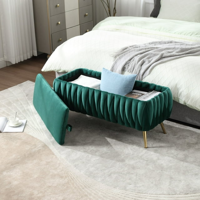 42inch Storage Benches with Seating, Woven Design Velvet Upholsterd ...