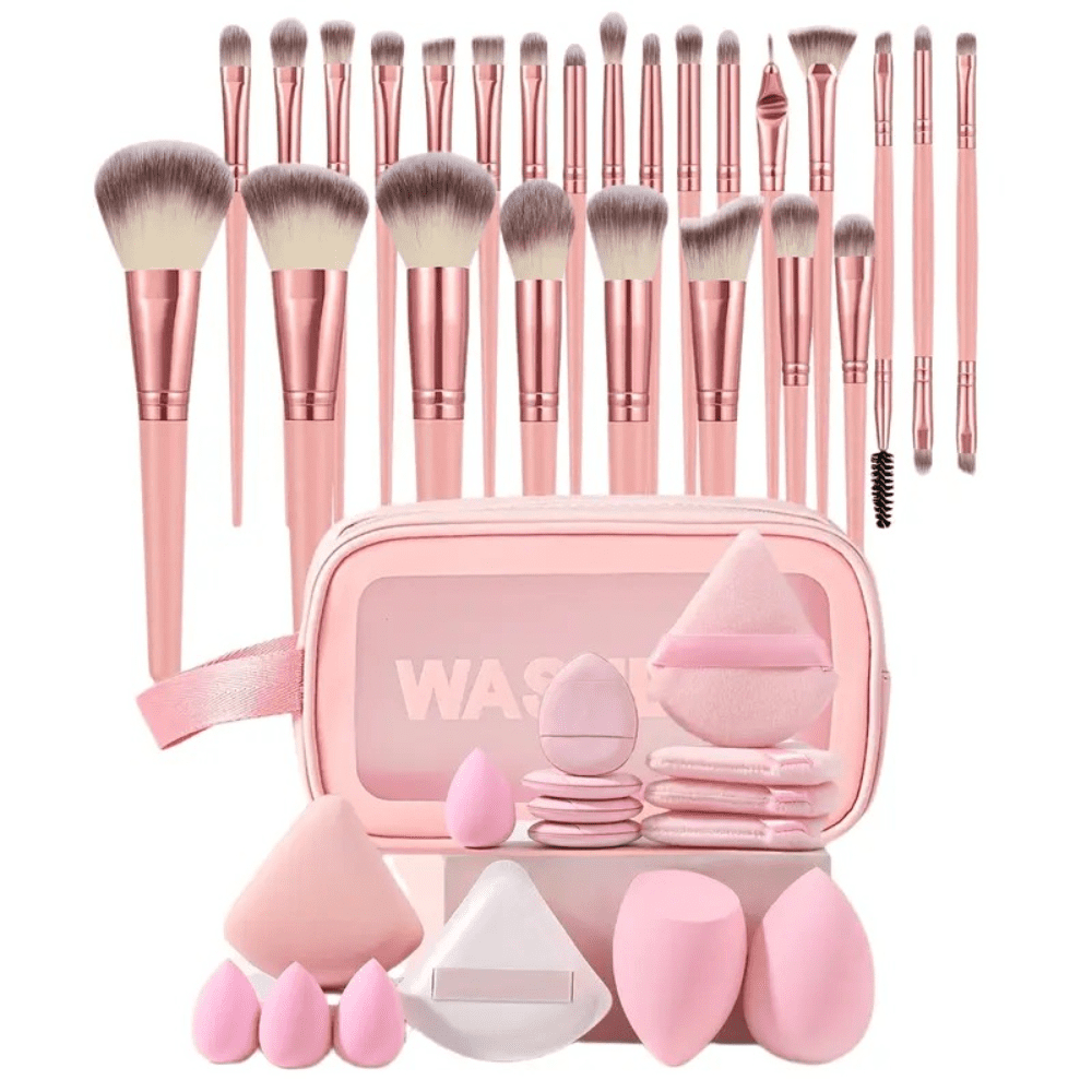Rose Gold Makeup Brush Set 42pcs Nylon Bristles Sponge Puffs Bag Pro ...