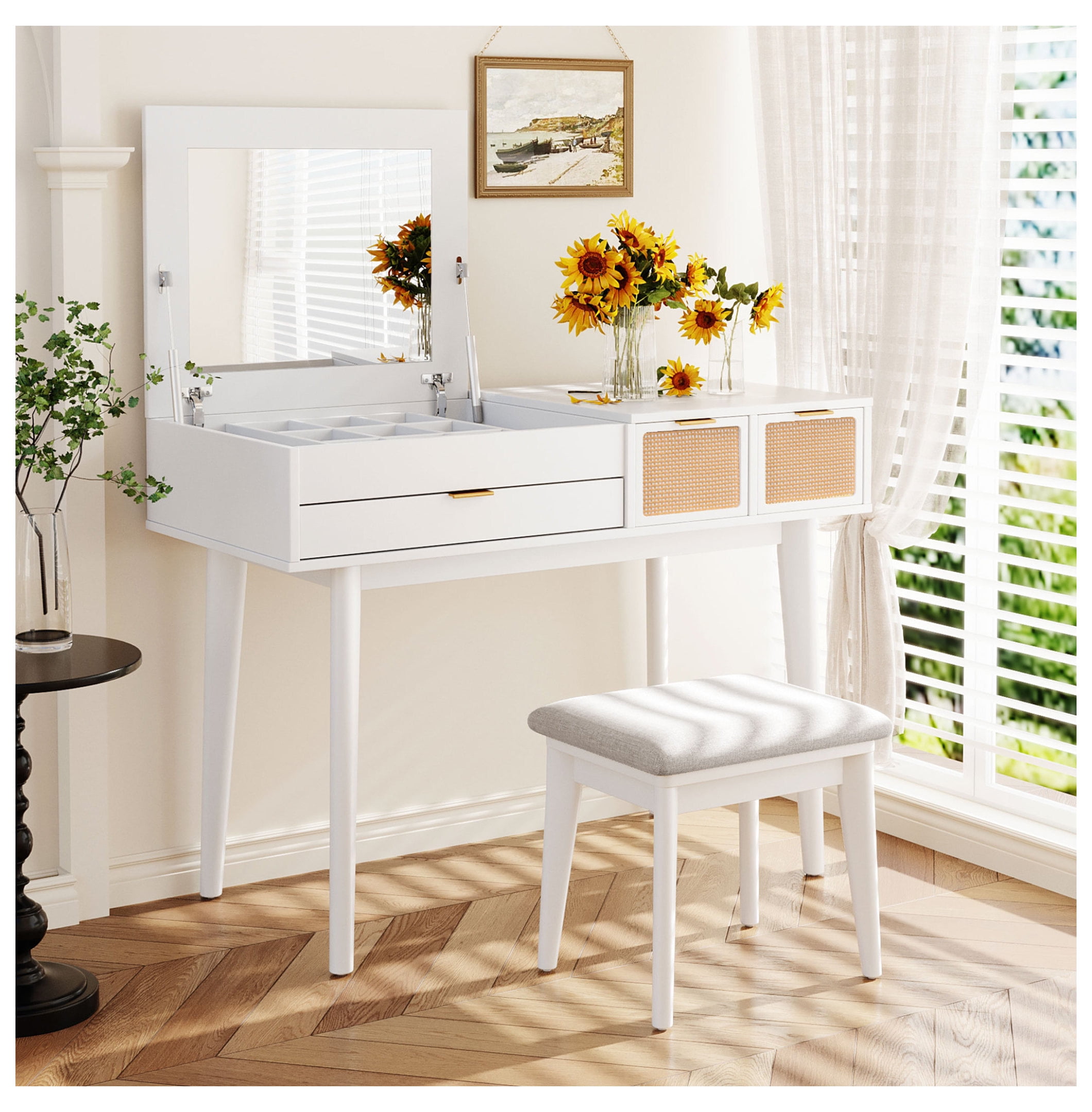 43.3" Classic Wood Makeup Vanity Set with Flip Top Mirror, Stool & 3 Drawers, Storage Space ...