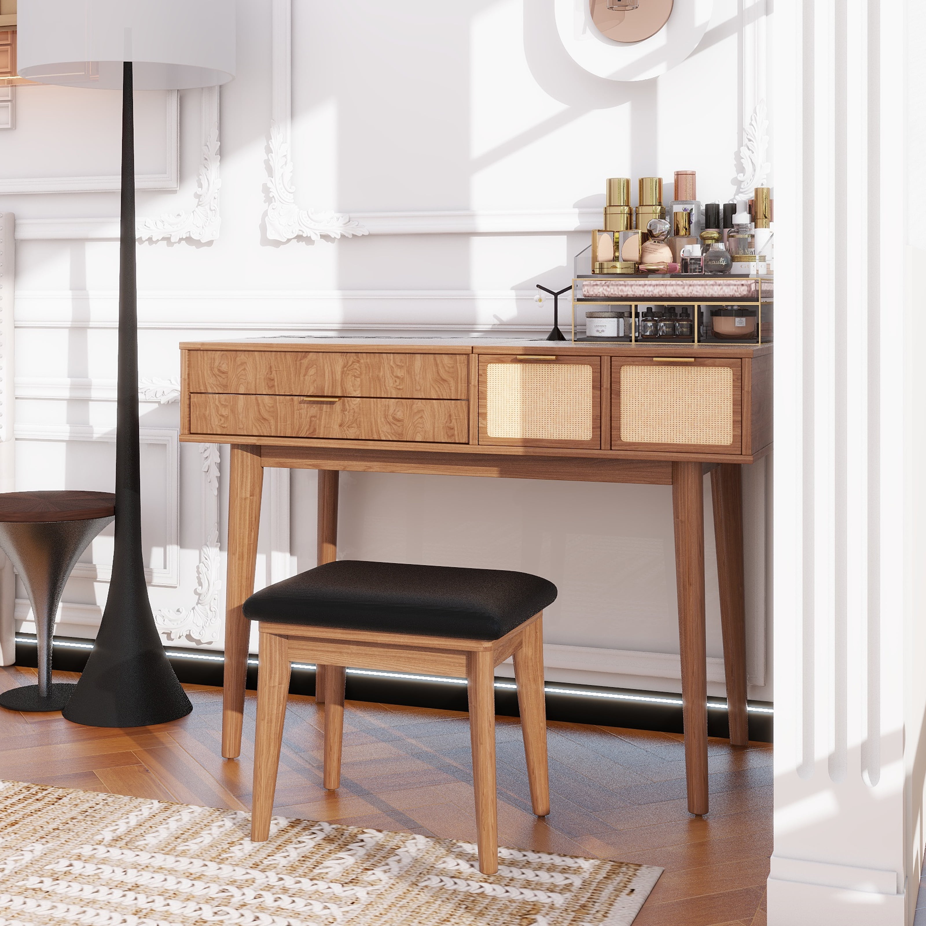 43.3" Classic Wood Makeup Vanity Set with Flip-top Mirror and Stool ...