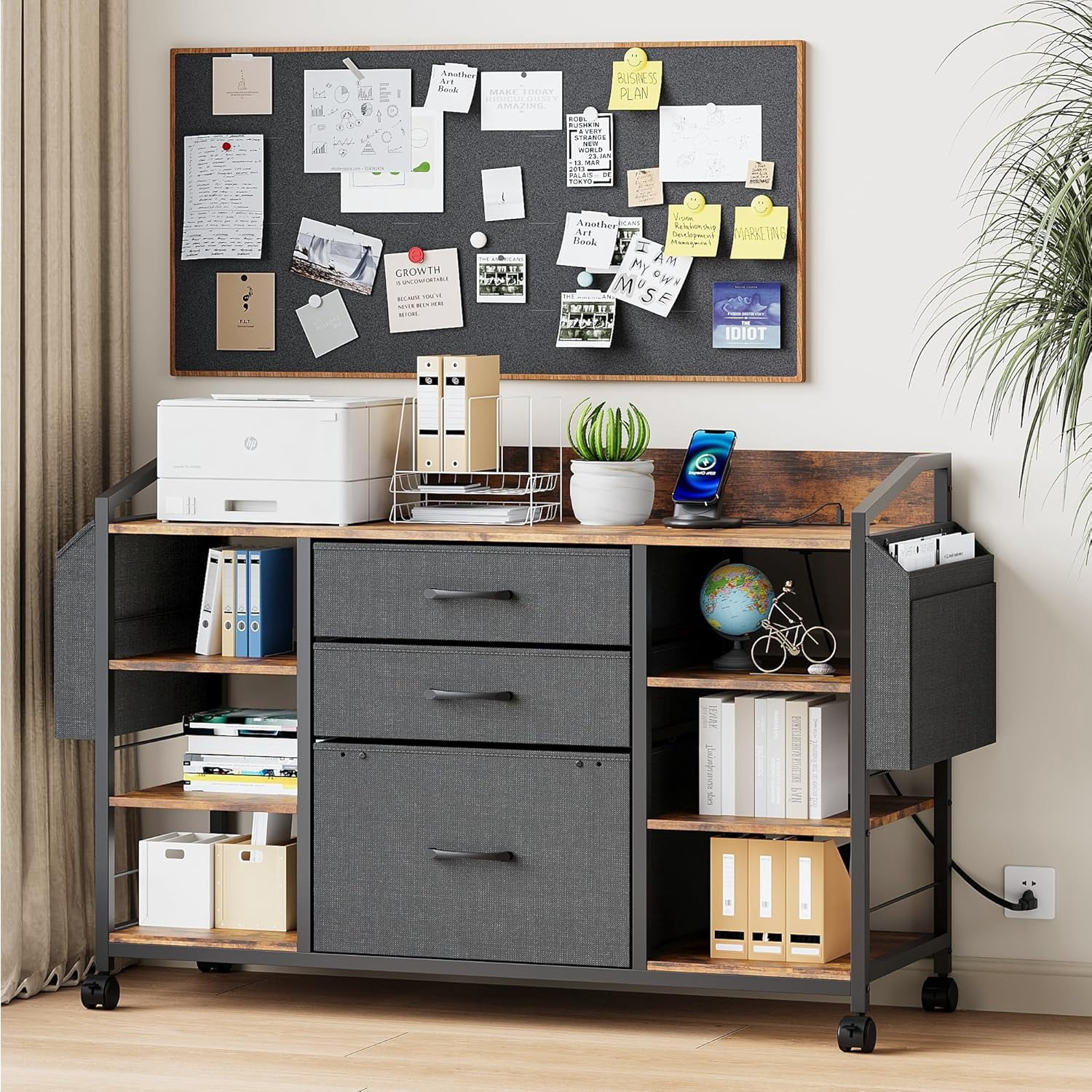 43.3' Fabric File Cabinet with Charging Station, 3 Drawers Mobile ...