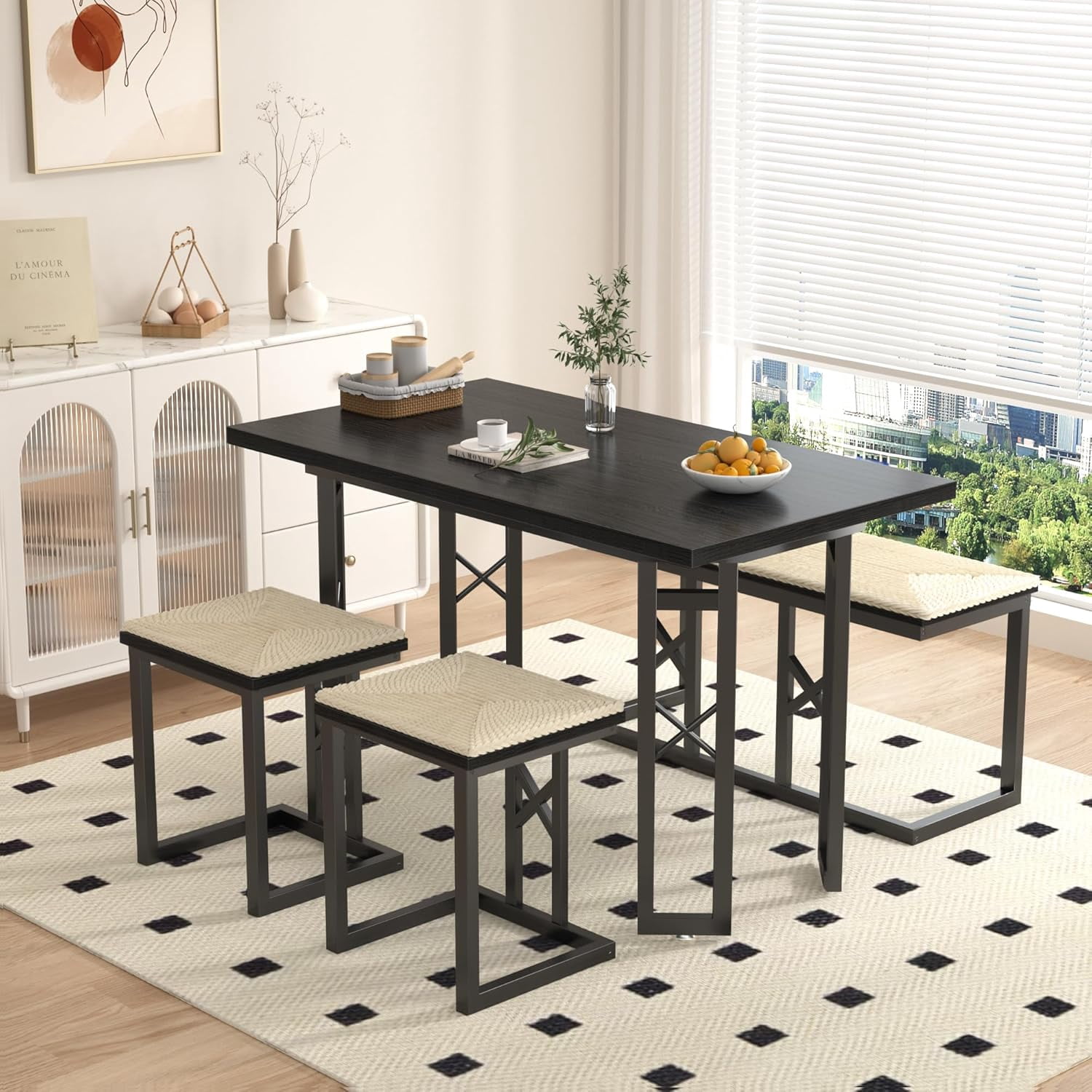 43.3" Farmhouse Dining Room Table Sets with 3 Benches, Wicker Mats ...