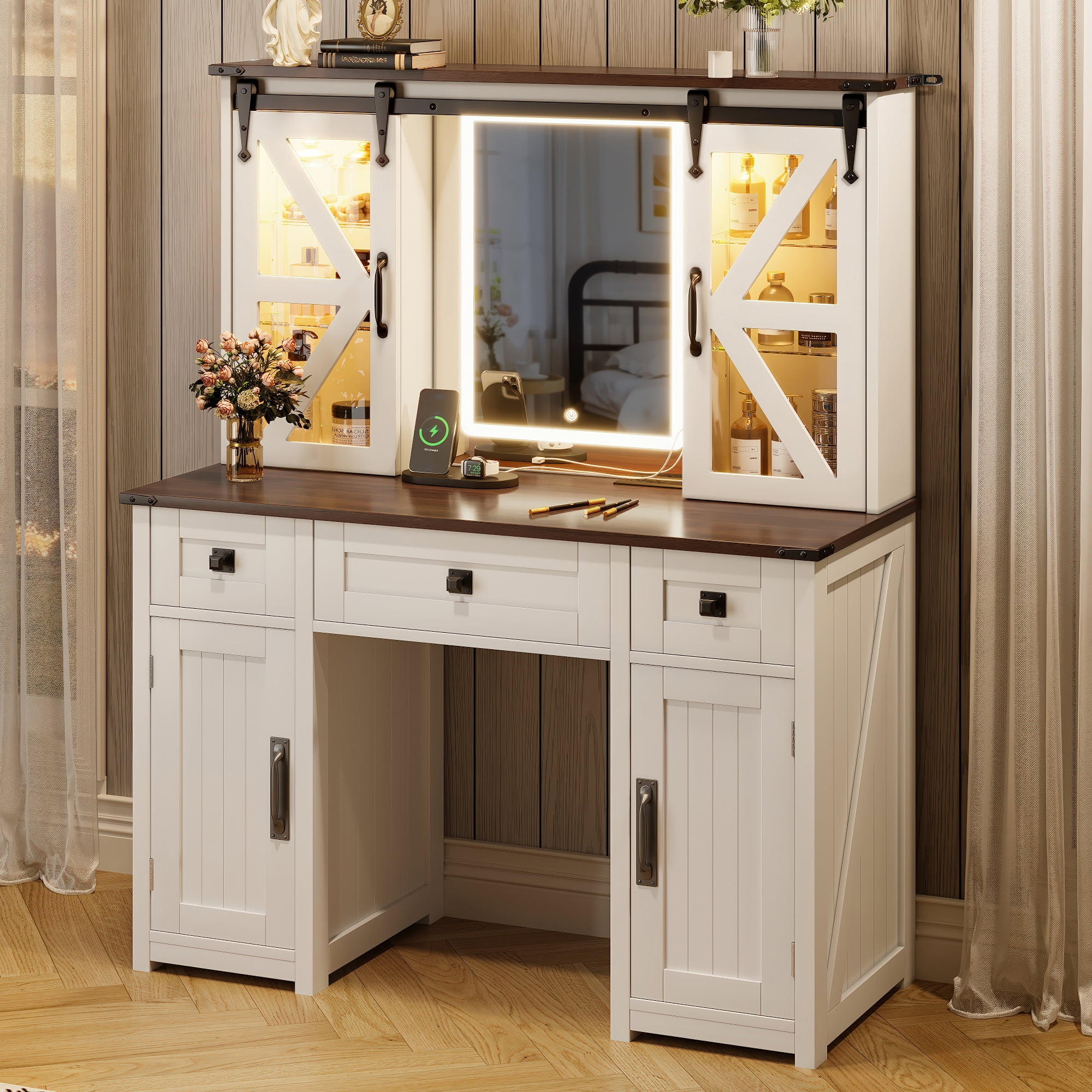 43.3" Farmhouse Makeup Vanity Desk with Lighted Mirror, Vanity Table ...