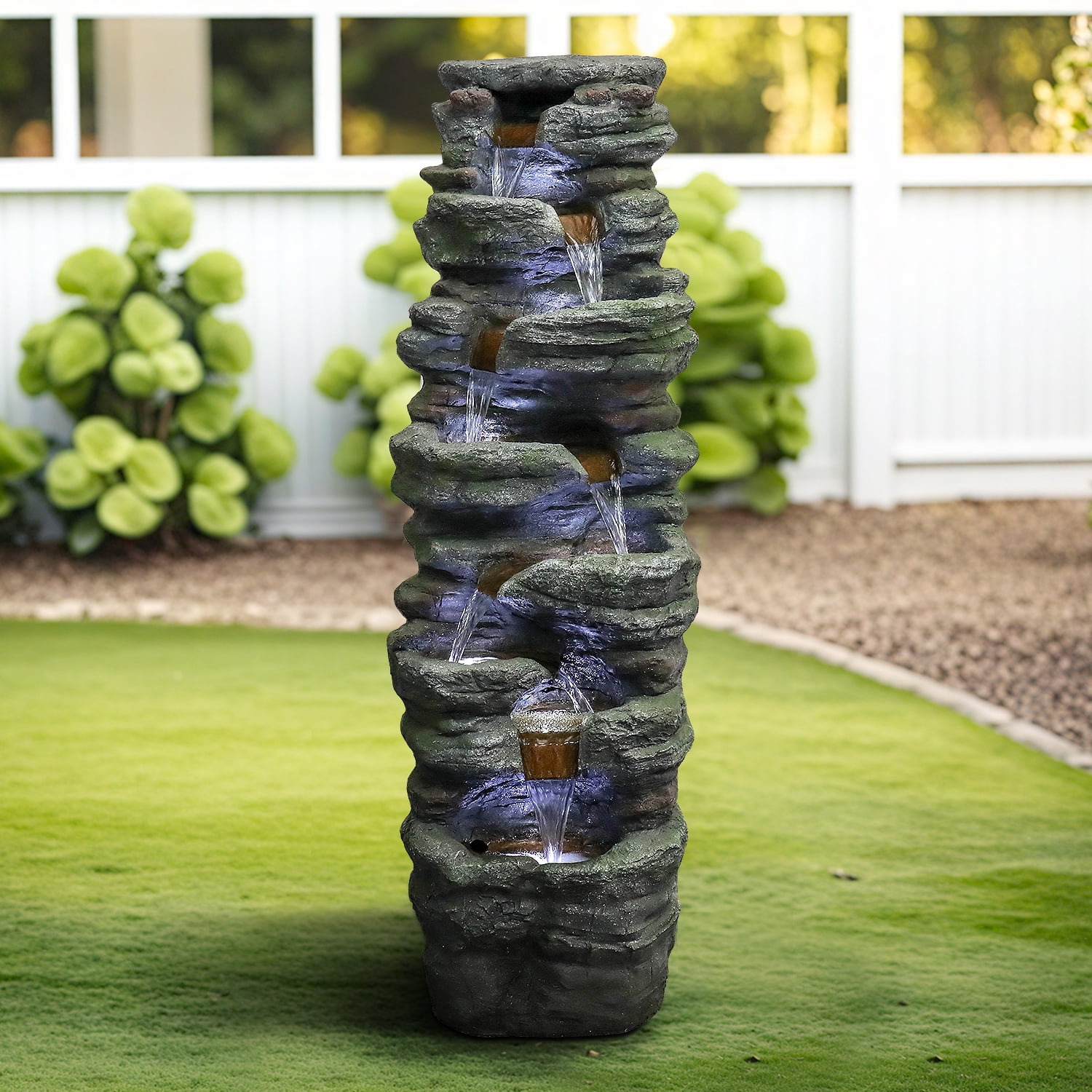 43.3" H Rock Water Fountain with LED Lights - 7-Tier Resin Cascading ...