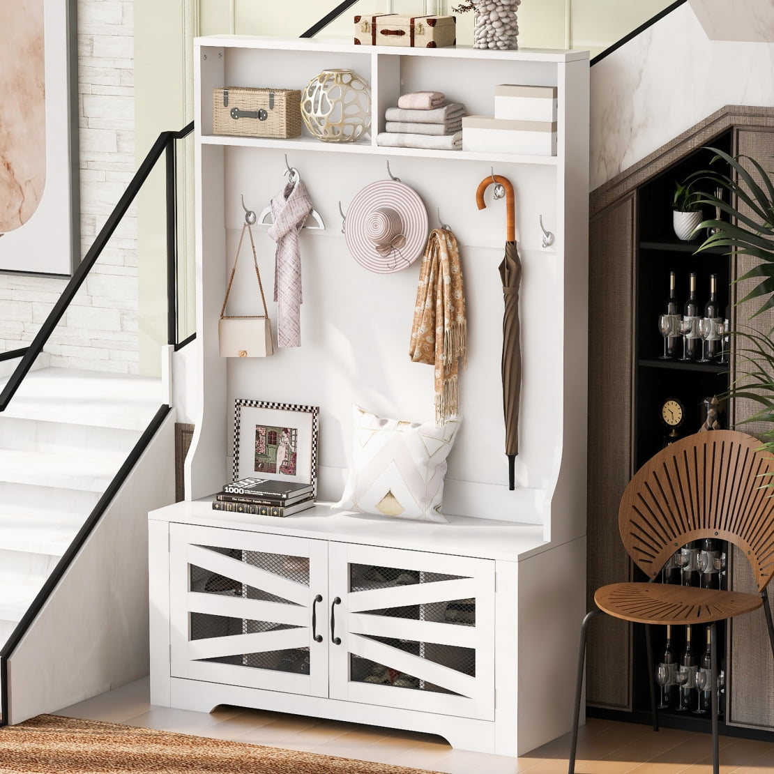 43.3'' Hall Tree with Bench and Shoe Storage, 5-in-1 Entryway Bench ...