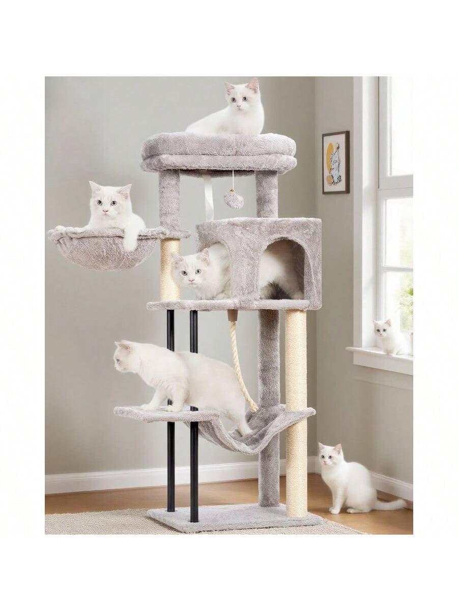 43.3 Inch Cat Tree Tower with Steel Tube Hammock & Condo for Small Cats ...