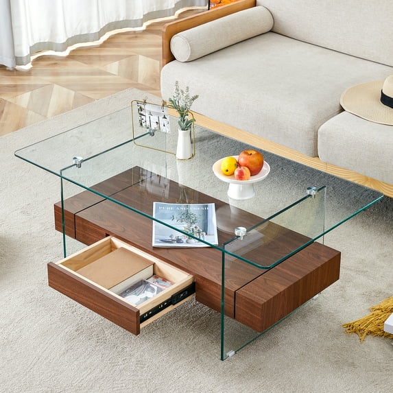 43.3 Inch Modern Coffee Table, 2-Tier Clear Glass & Dark Wood Grain ...