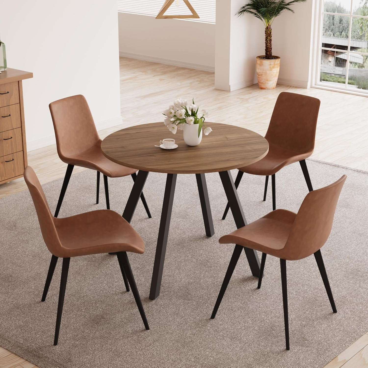 43.3 Inch Walnut Round Dining for 4 Space-Saving Dinette Perfect for ...