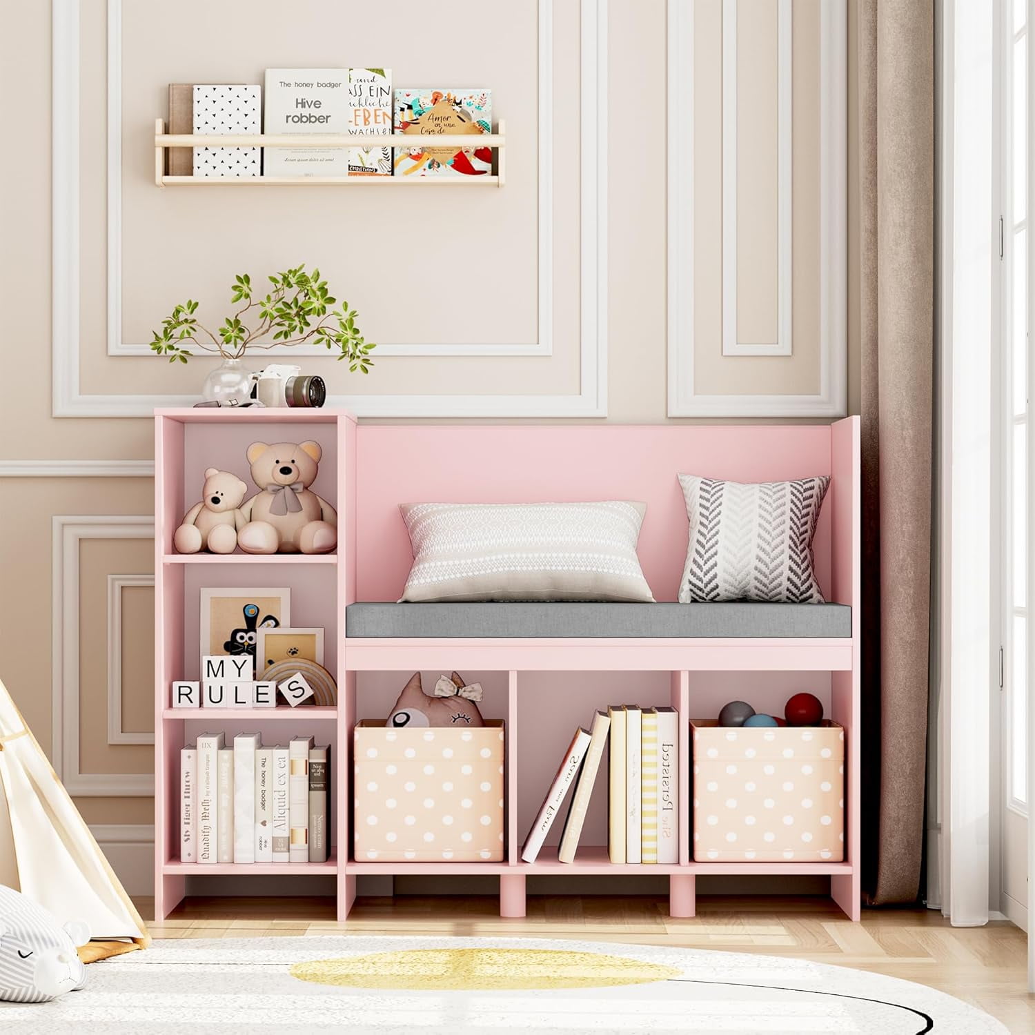 43.3" Kids Reading Nook Bench, Nursery Bookshelf and Bookcase with Seat ...