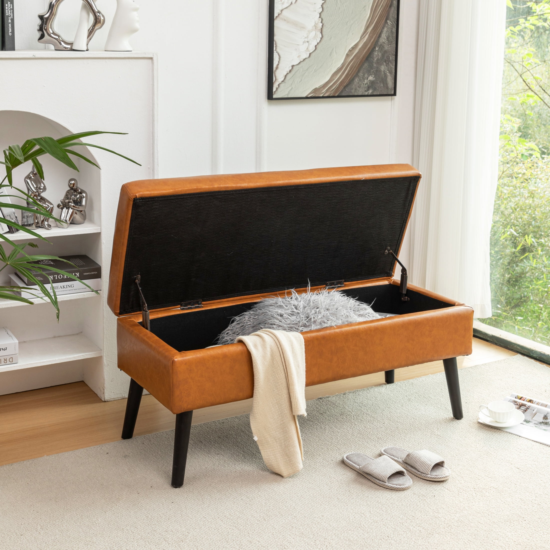 43.3" Leather Storage Bench – Tufted Ottoman with Hidden Storage ...