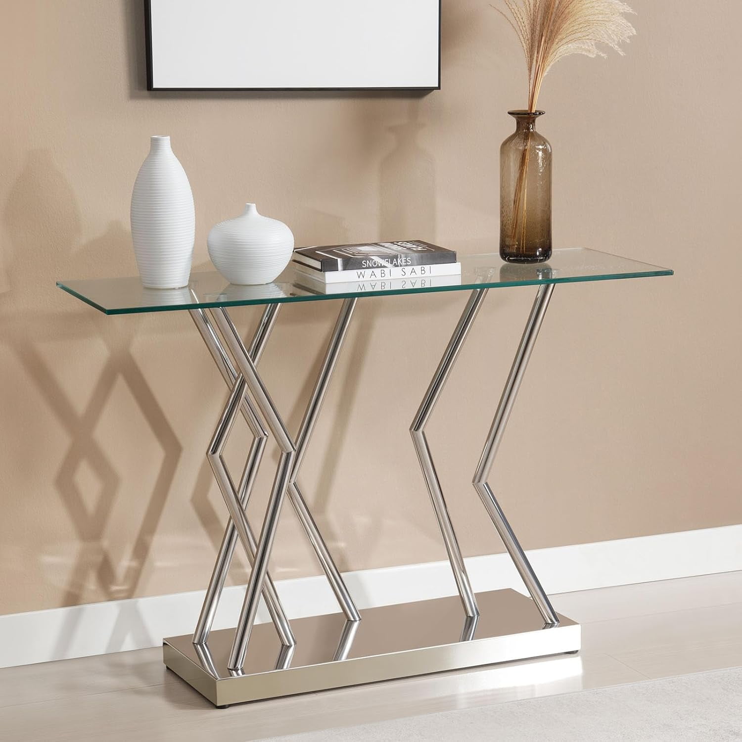 43.3"Modern Console Table Rectangular Clear Glass Tabletop Silver Metal ...