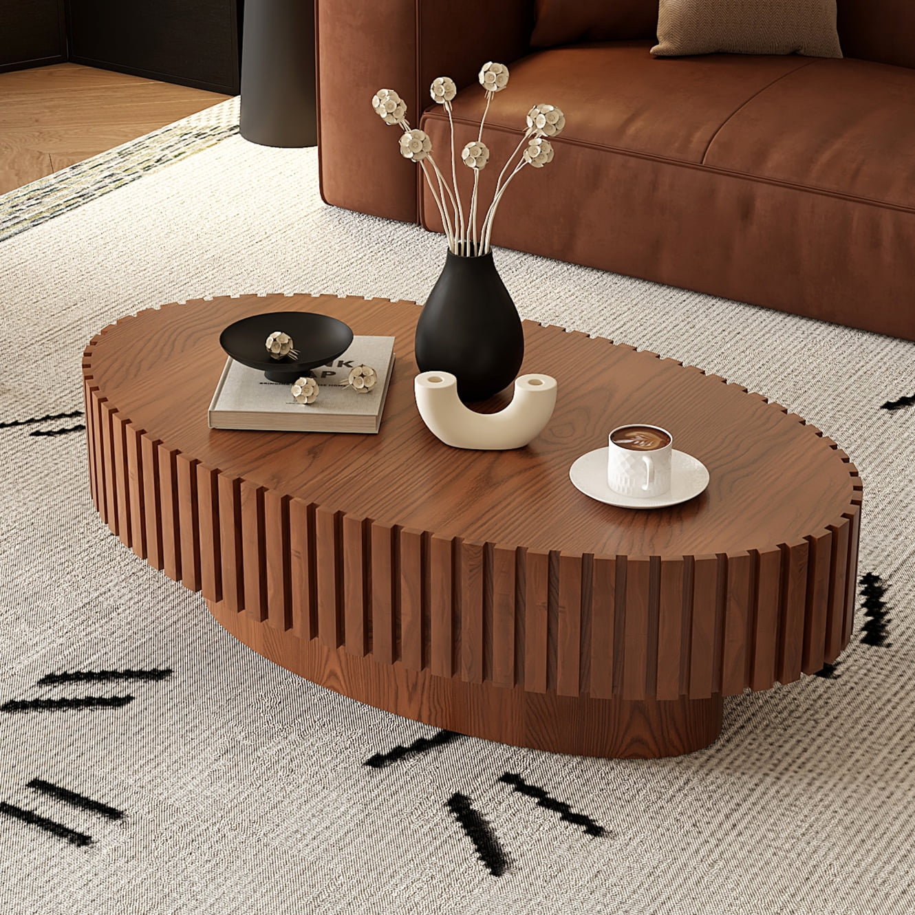 43.3" Oval Coffee Table with Handcrafted Relief, Sturdy Pedestal Wooden ...