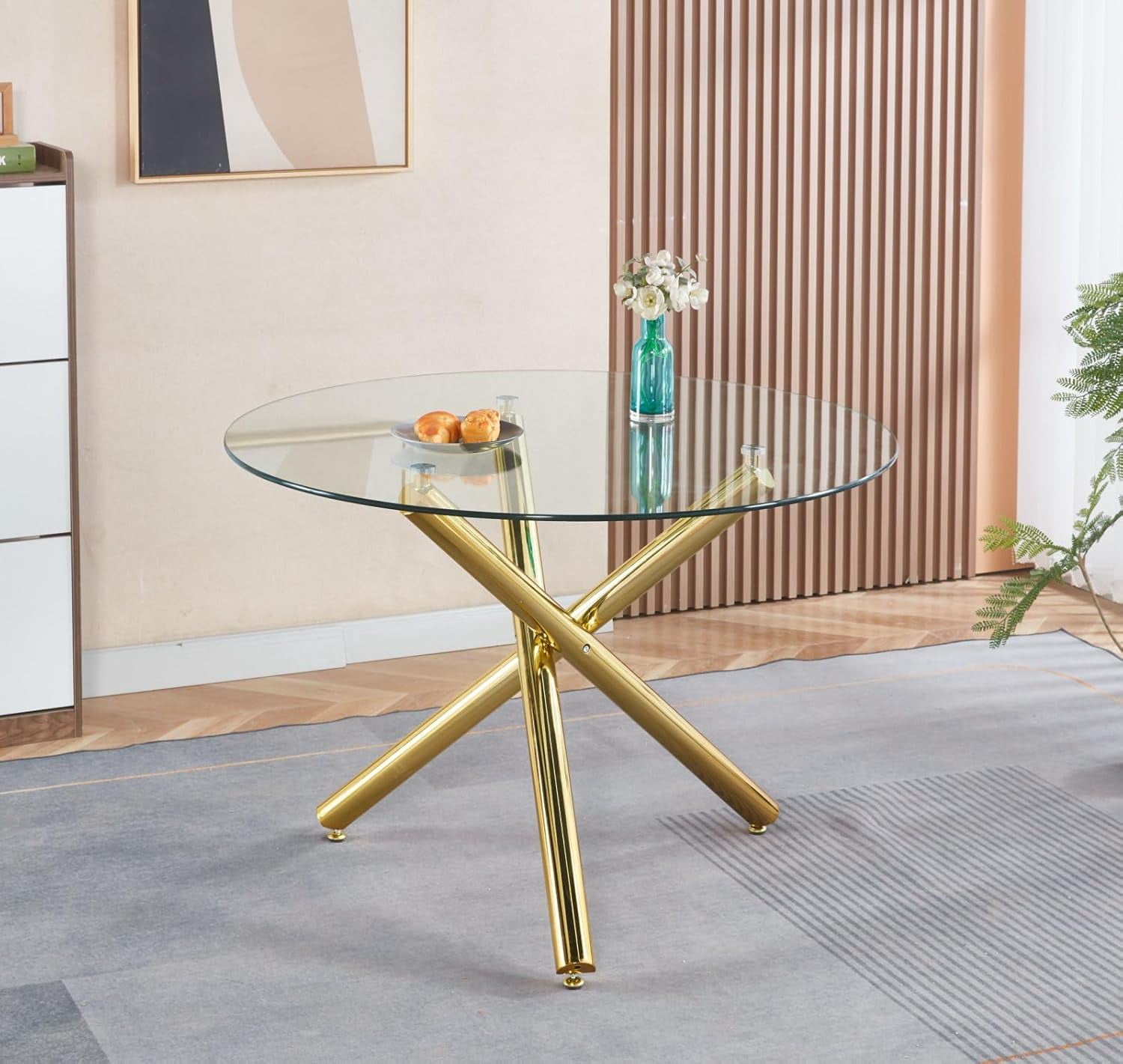 43.3'' Round Dining Table for 2-4 People, Glass and Gold Kitchen Table ...