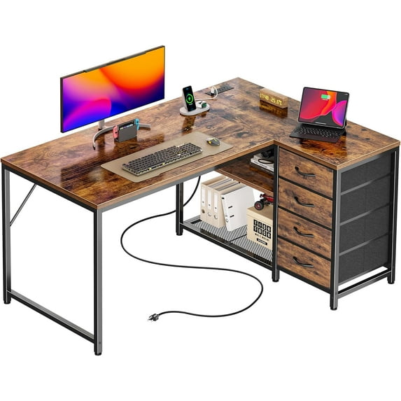 43.3" Small Computer Desk with Power Outlets and -C Port, Reversible L ...