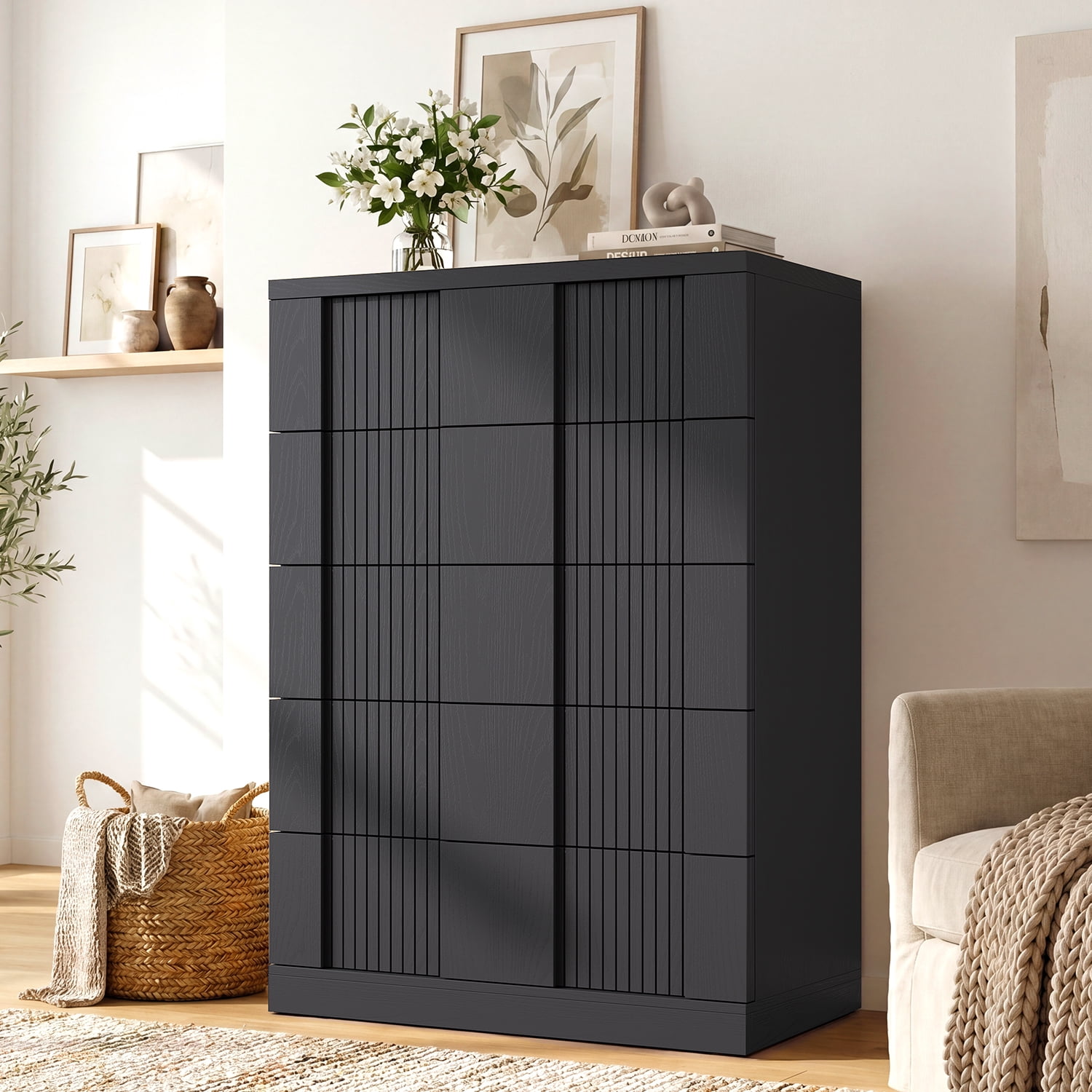 43.3" Tall Dresser with 5 Drawers for Bedroom,Fluted Design,Mid-Century ...