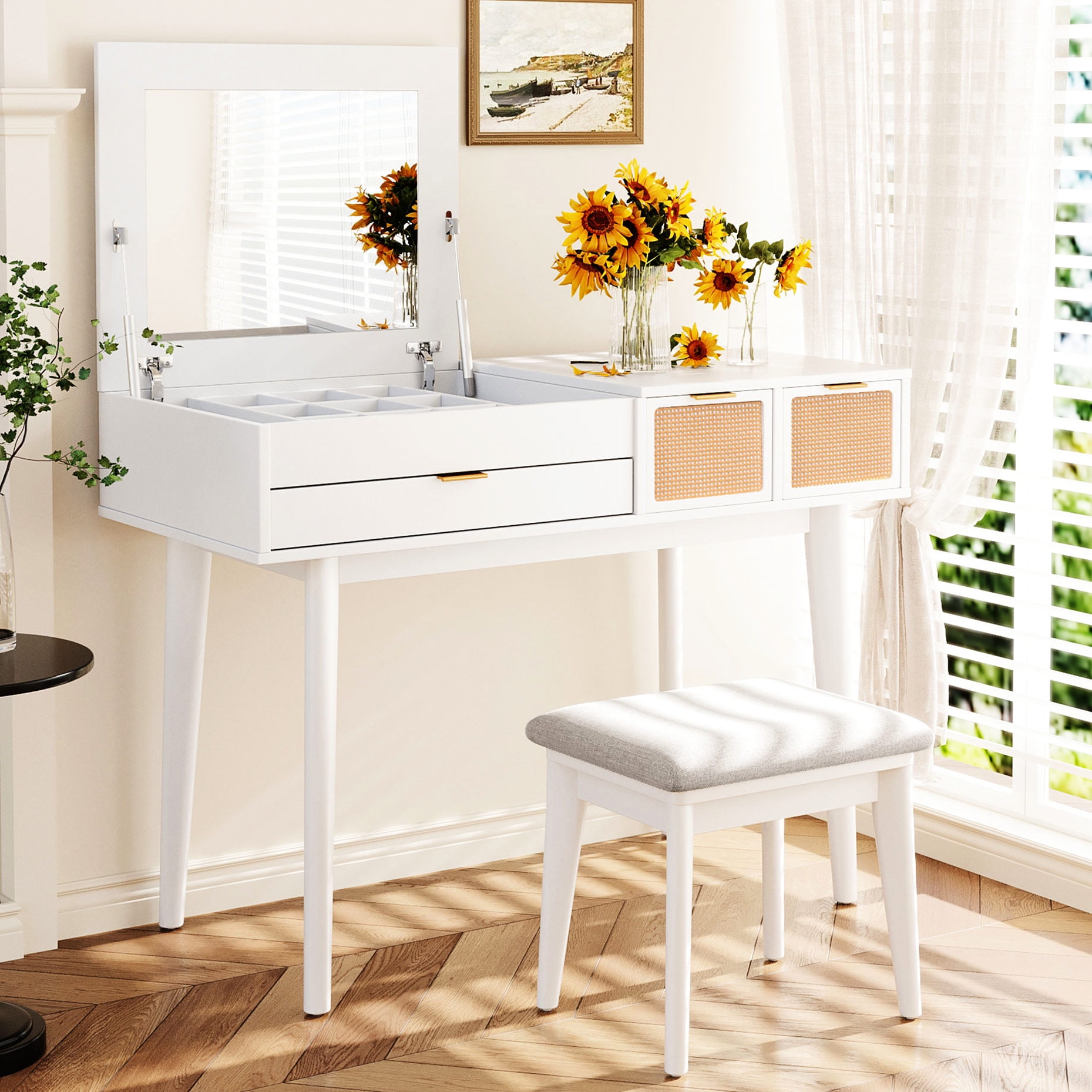 43.3" White Dressing Vanity with Stool | Concealable Mirror, Small Item ...