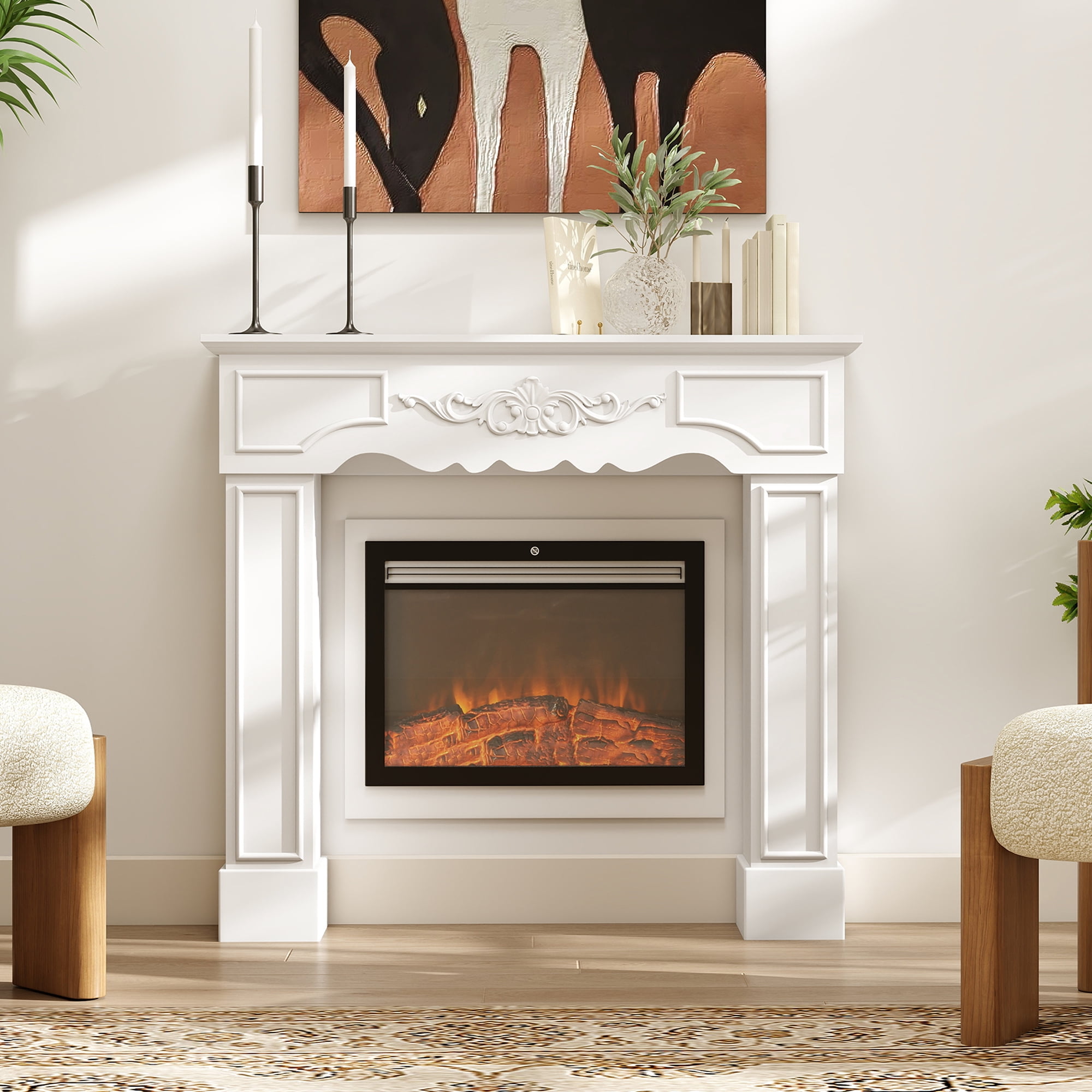 43.3" White Fireplace Mantel, Baroque Style MDF Fir Wood with Anti ...