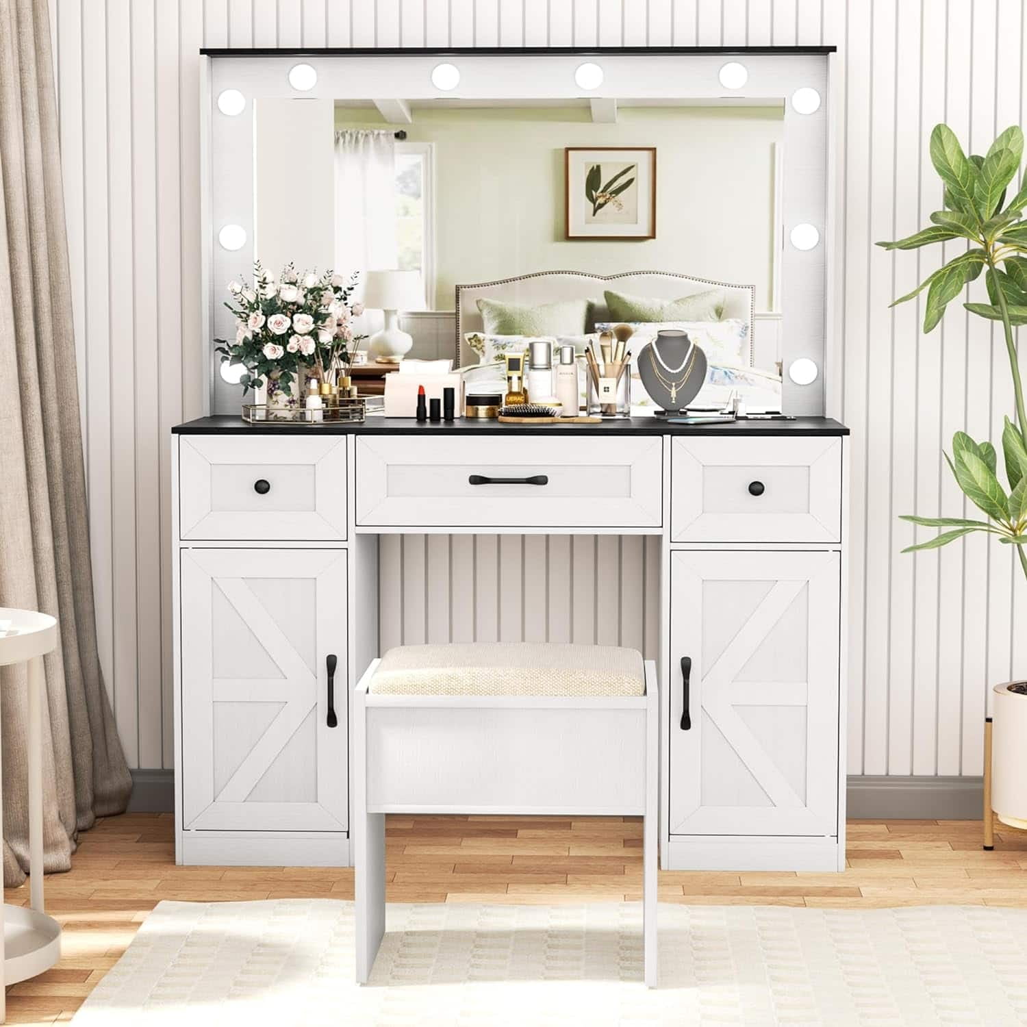 43.3'' Wide Makeup Vanity Dressing Table with Adjustable Lighted Mirror ...