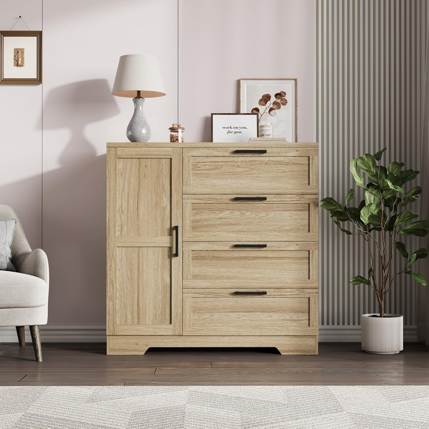 43.3 inch Small Wardrobe Closet with Door, 4 Drawers & Hanging Rod ...