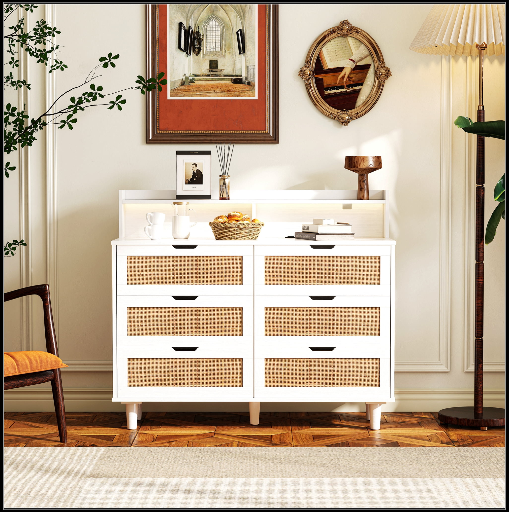 43.31"6-Drawers Rattan Storage Cabinet Rattan Drawer with LED Lights ...