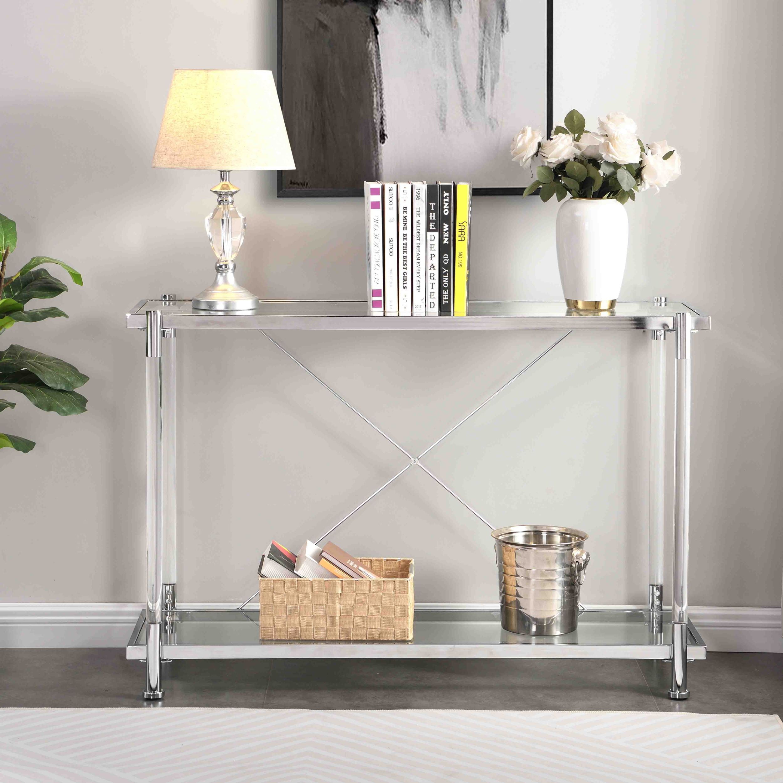43.31" Chrome Glass Sofa Table, Acrylic Side Table, Console Table for ...
