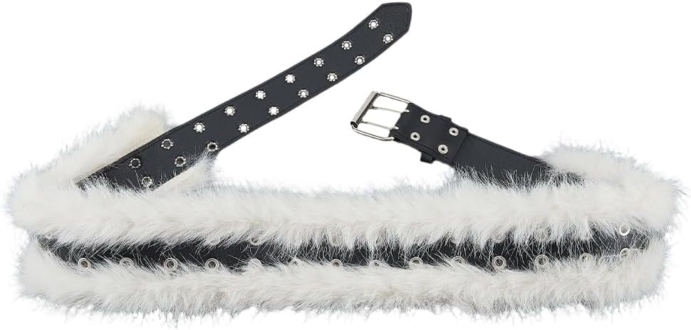 43.31 Inch Fur Leather Waist Belt Furry Punk Grunge Wide Cinch Belts ...