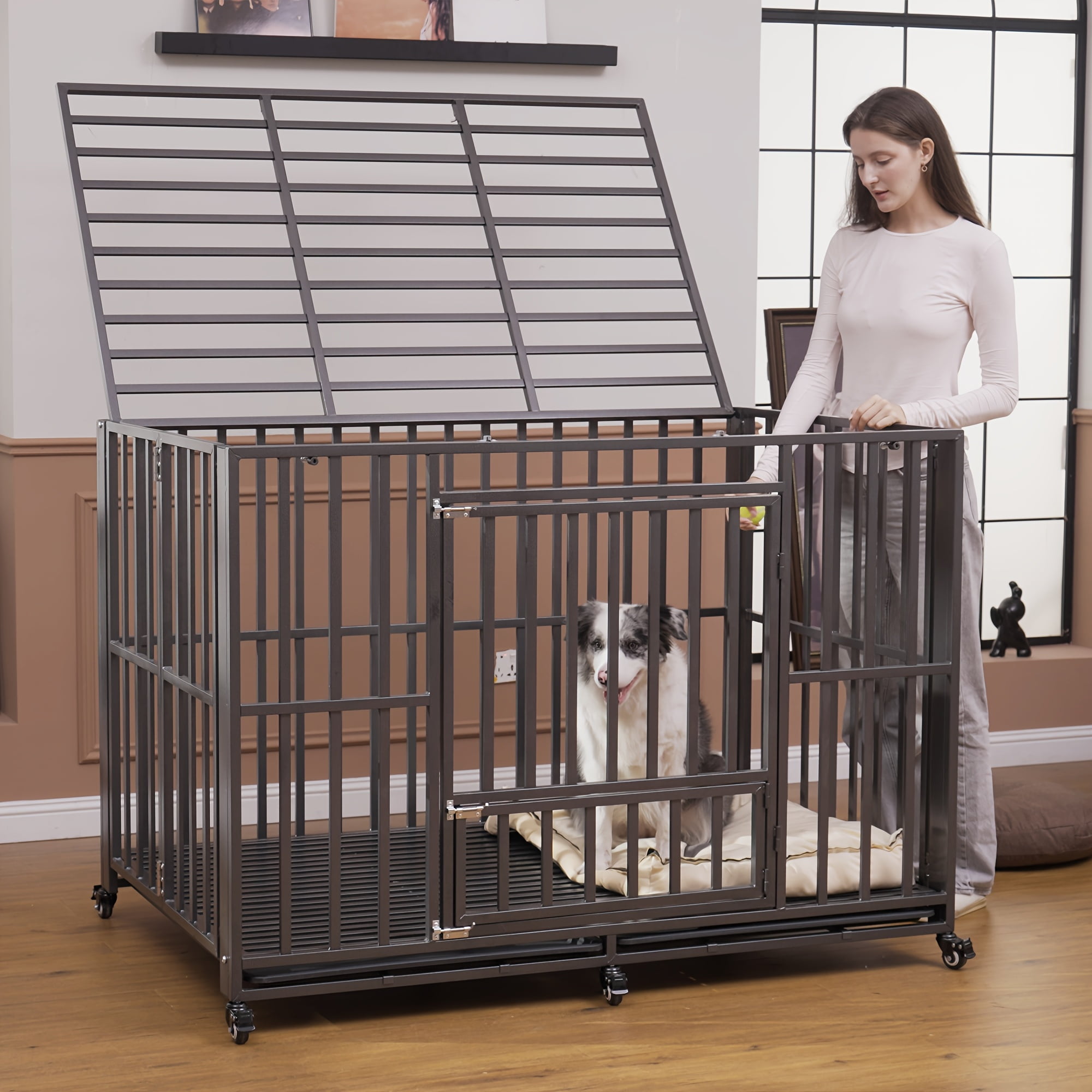 43/38 Inch Heavy Duty Folding Dog Crate - Escape-Proof with Lockable ...