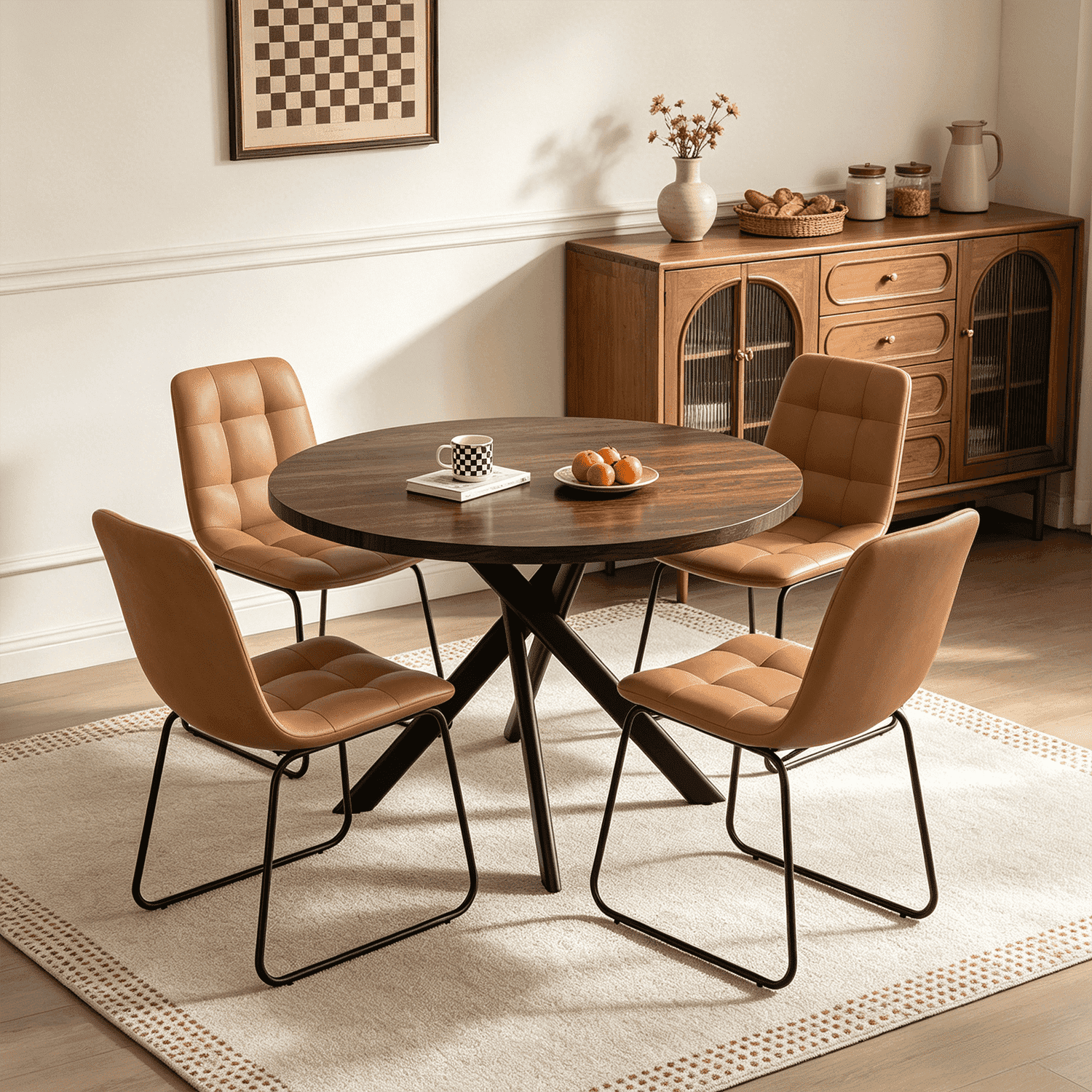43.5 Inch Round Dining Table Set For 4, 5-Piece Wooden Table with Metal ...