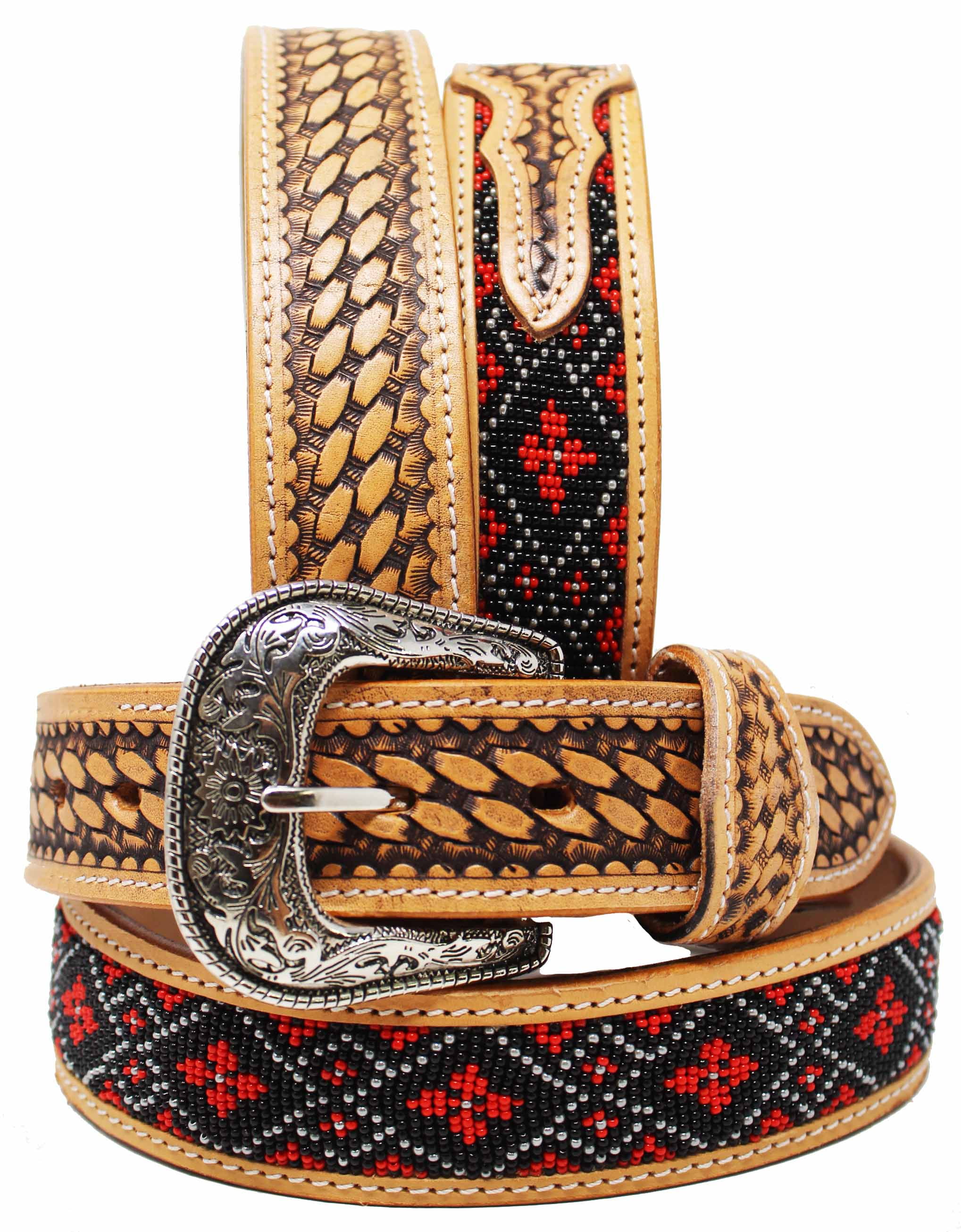 43-44 Unisex 1.5" Western Floral Tooled Beaded Full-Grain Leather Belt ...
