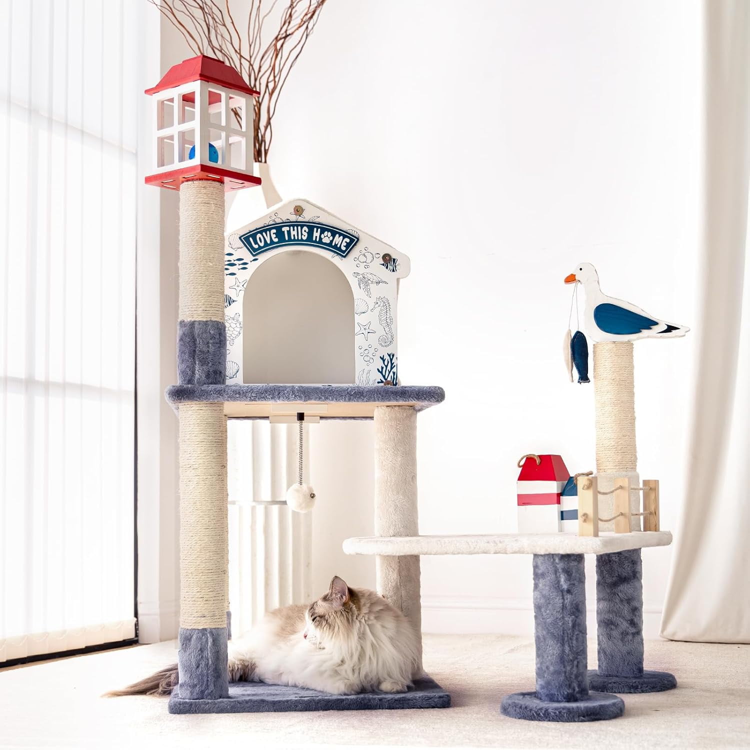 43.5-Inch Novelty House Seagull Buoy Collapsible Cat Tree Tower Condo ...